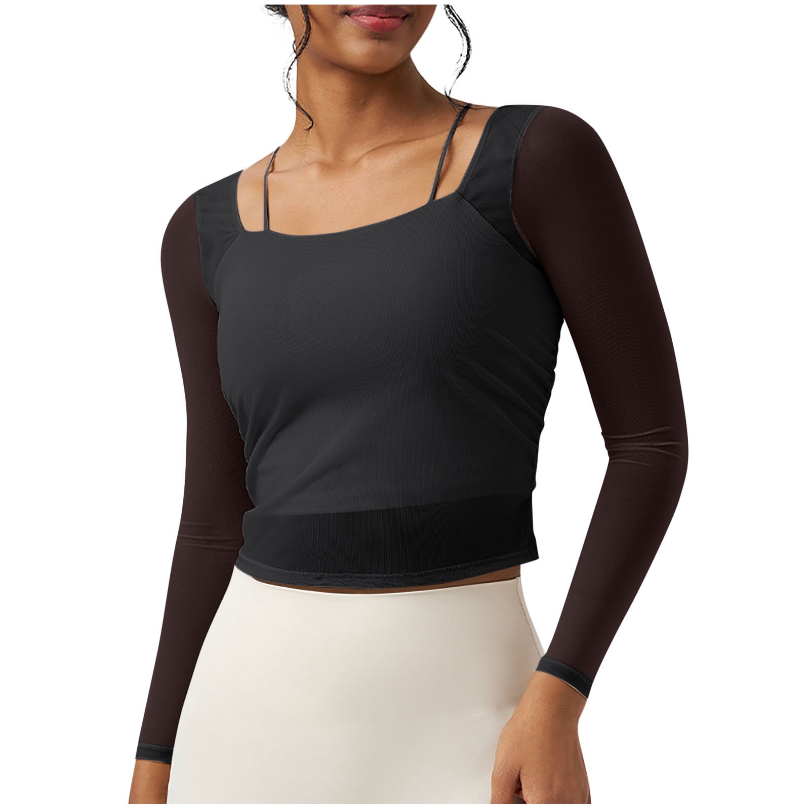 Ahdbta Womens 2 in 1 Yoga Crop Top Mesh Long Sleeve Gym Athletic Tops ...