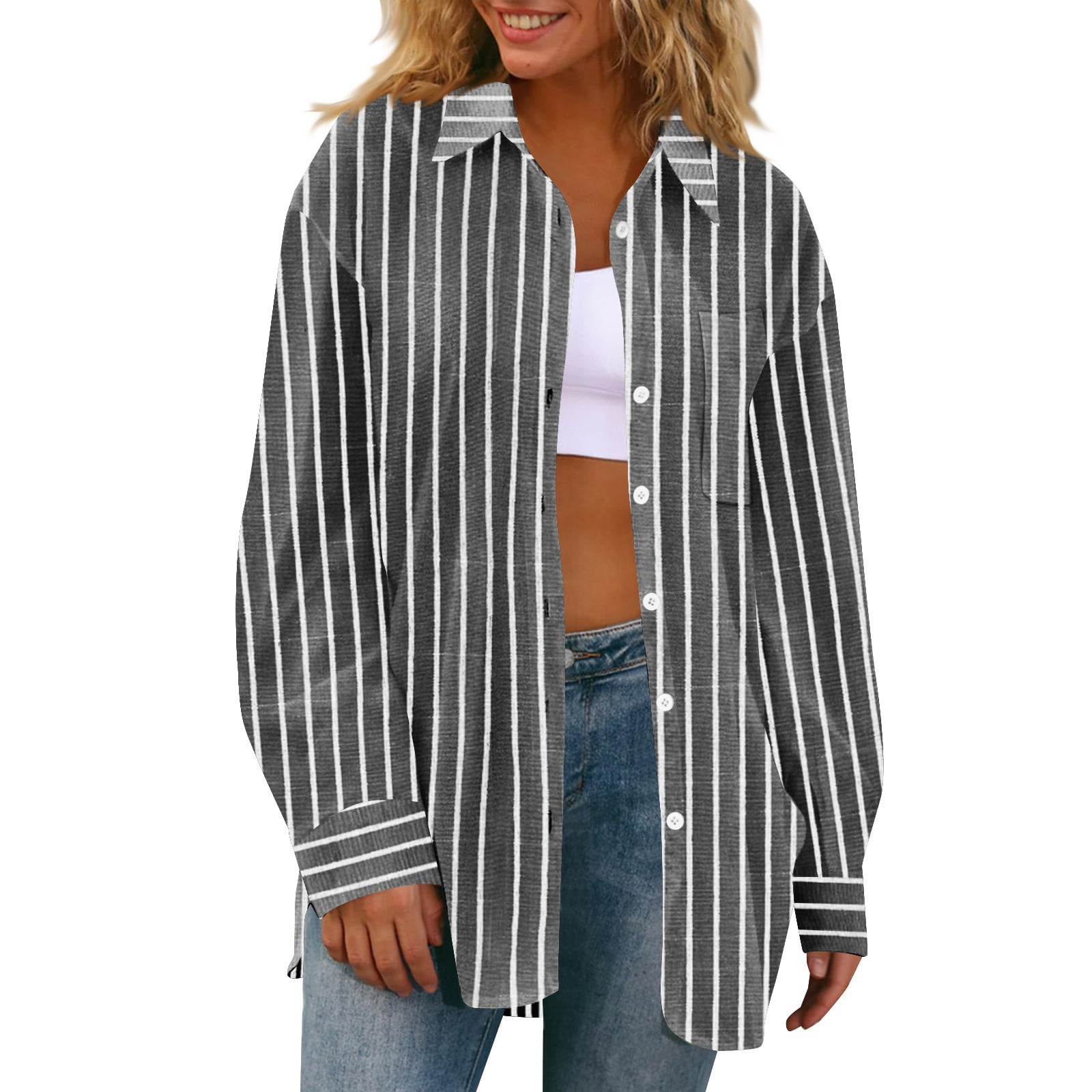 Ahdbta Womens Button Down Shirt Fall Casual Collared Long Sleeve ...