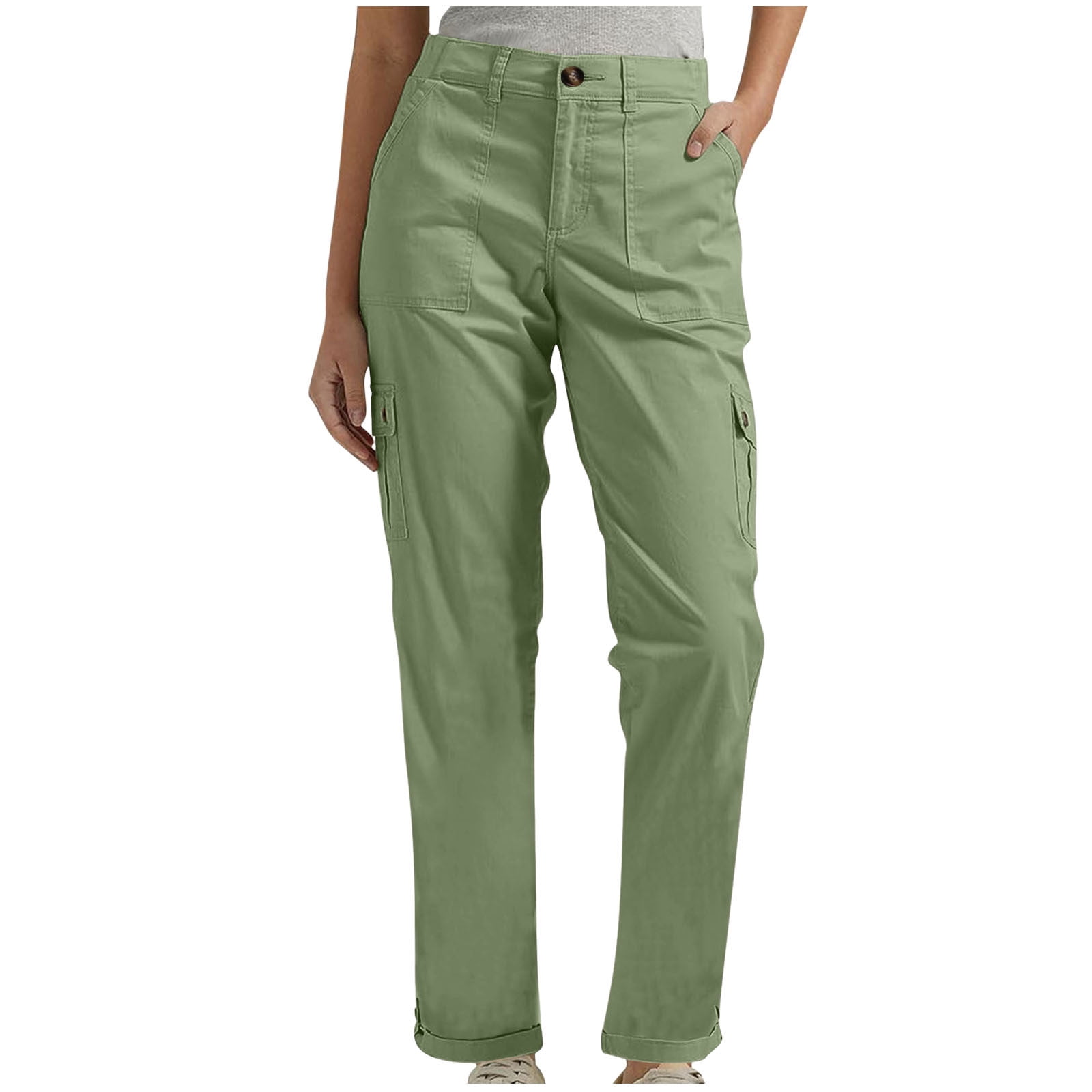 Ahdbta Womens Cargo Pants Button High Waisted Solid Color Straight Leg ...