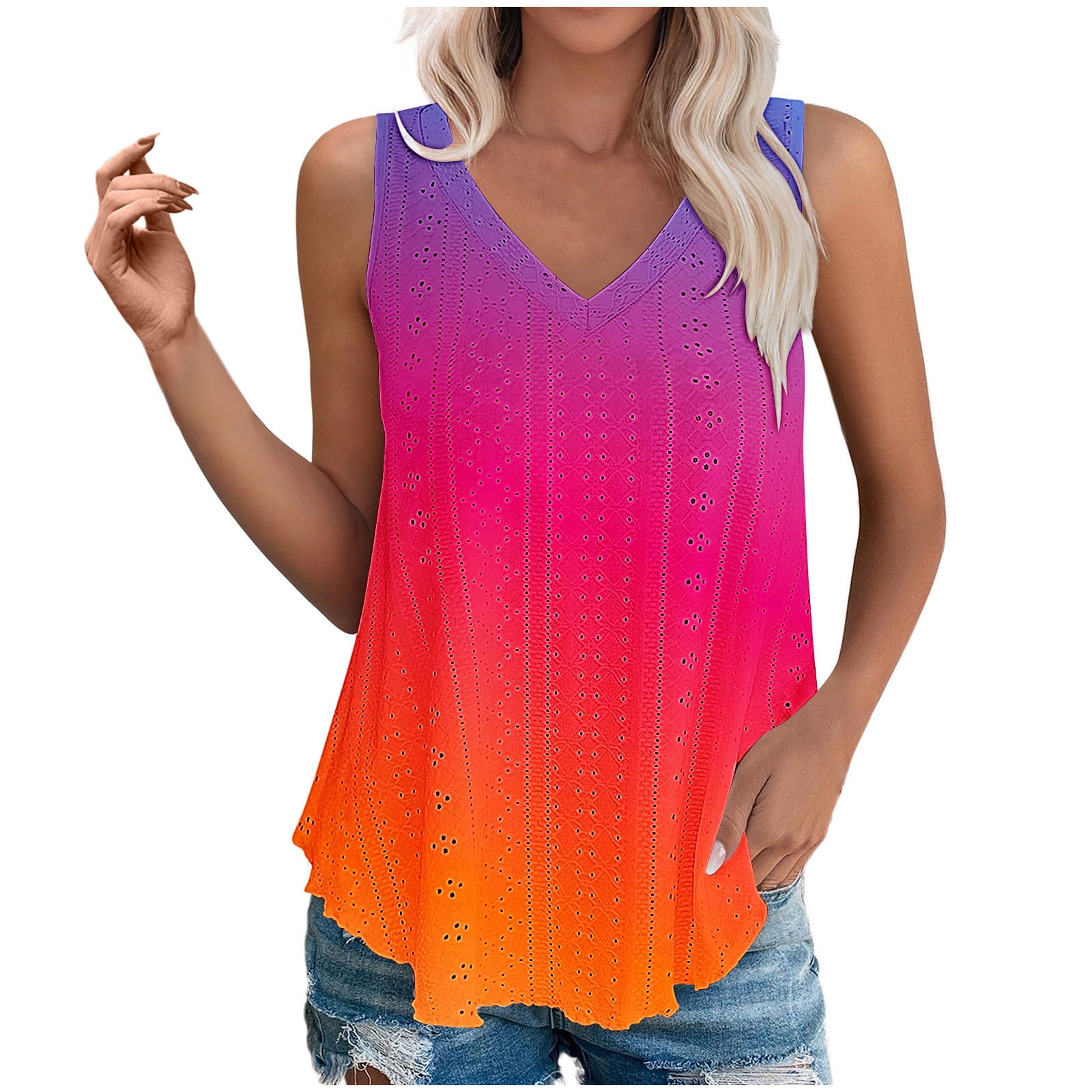 Ahdbta Womens Eyelet Tank Tops Trendy Gradient V Neck Sleeveless Flowy ...