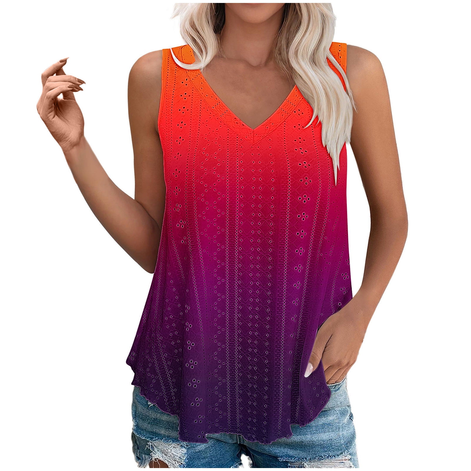 Ahdbta Womens Eyelet Tank Tops Trendy Gradient V Neck Sleeveless Flowy ...