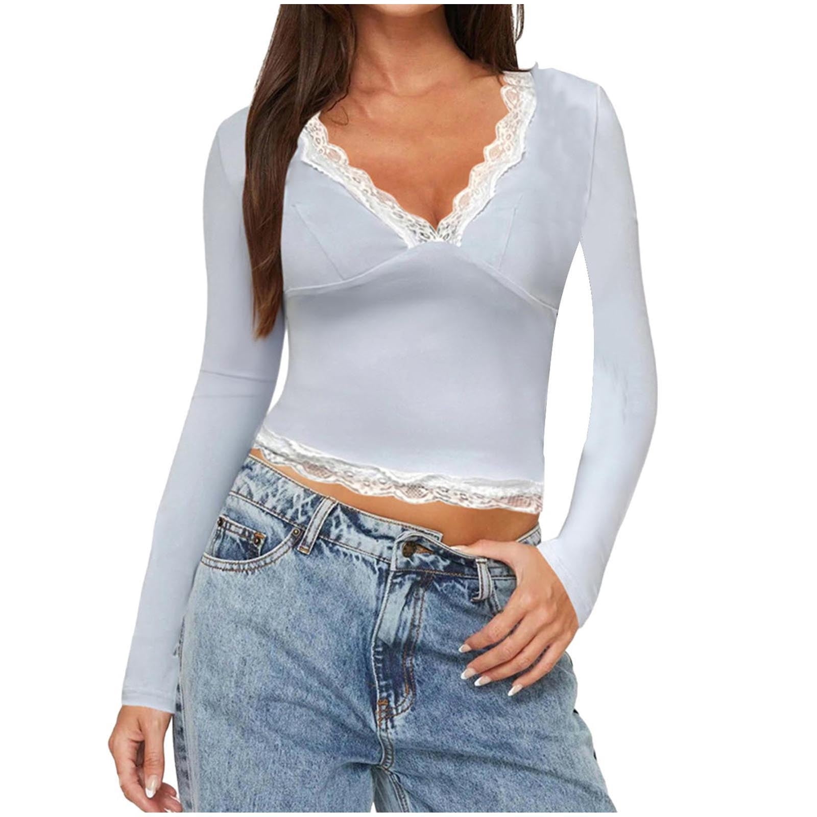 Ahdbta Womens Long Sleeve Crop Tops Lace Trim V Neck Tees Y2K Spring ...