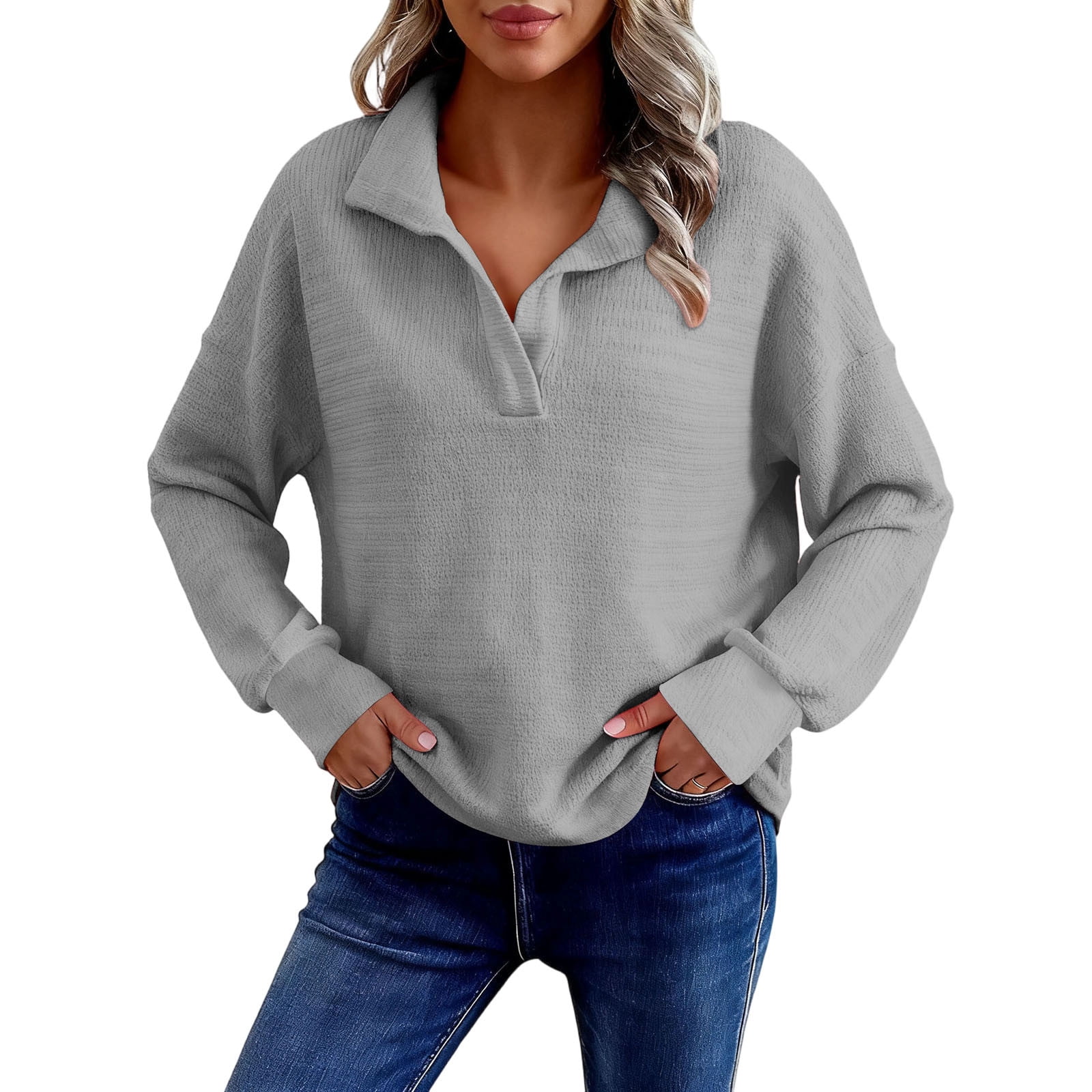 Ahdbta Womens Oversized Sweatshirt Loose V Neck Long Sleeve Lapel ...