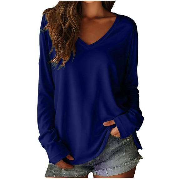 Ahdbta Womens Oversized T Shirts Long Sleeve V Neck Basic Tee Soft ...