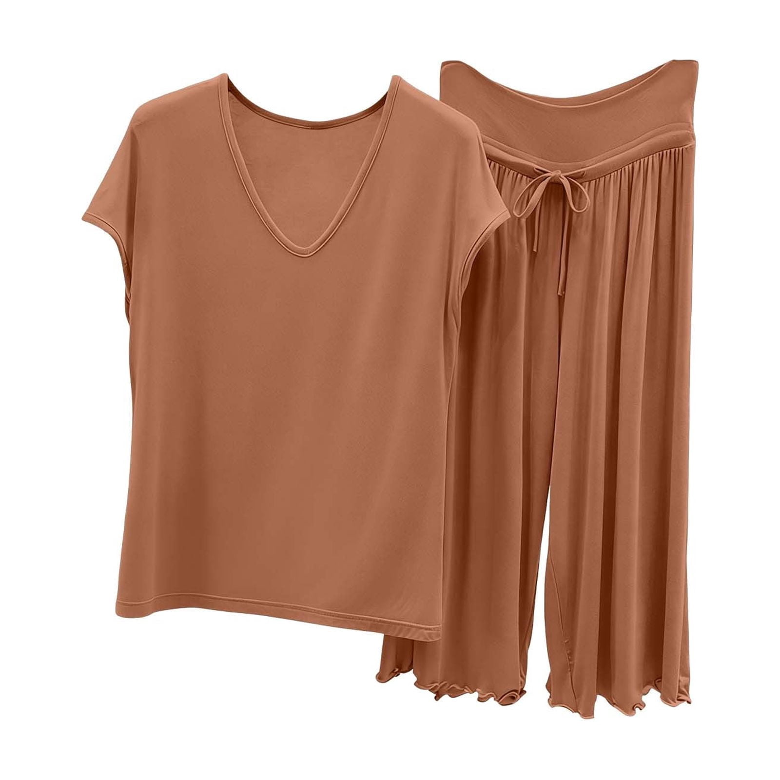 Ahdbta Womens Pajama Sets Summer Short Sleeve V-Neck Tops and Capri ...
