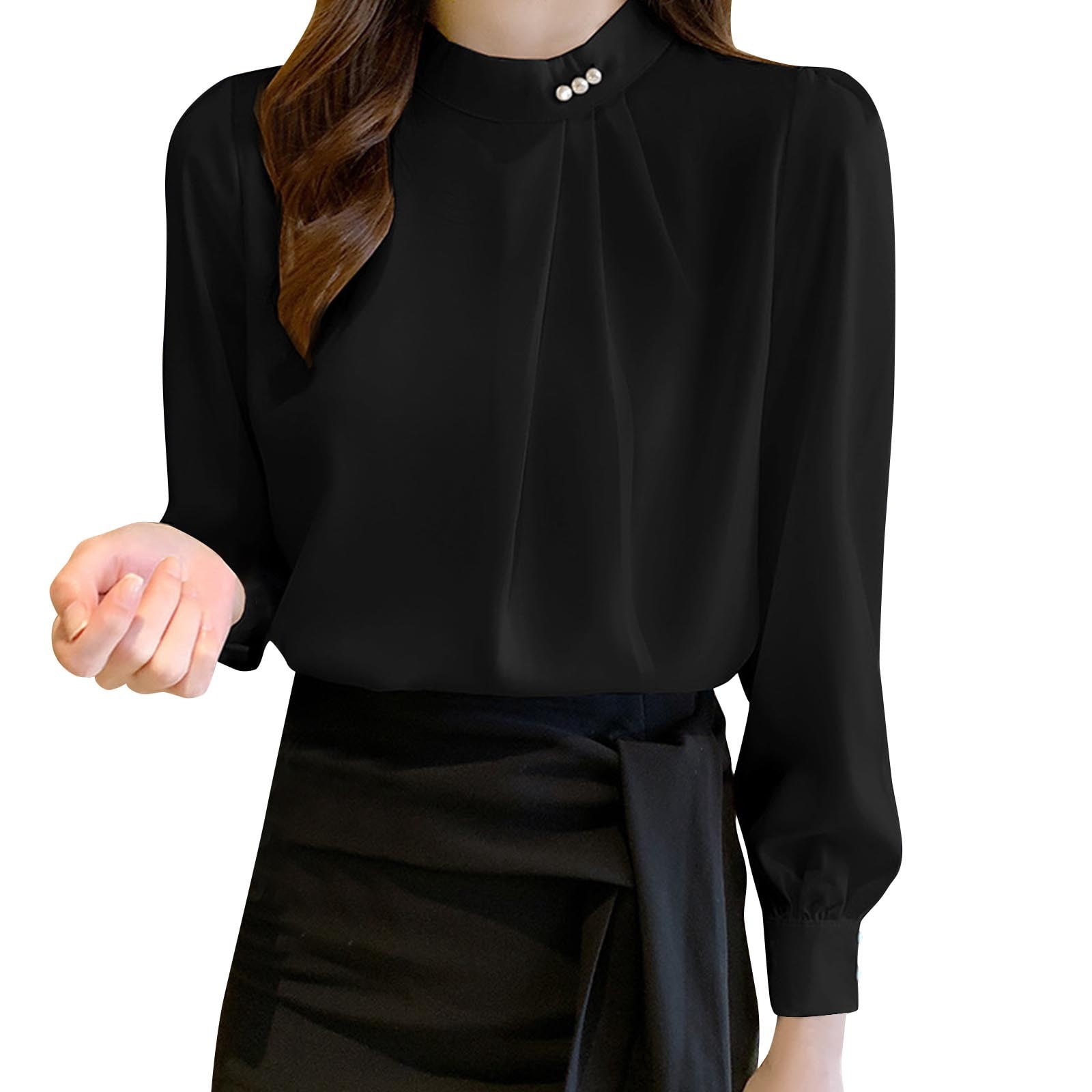 Ahdbta Womens Satin Silk Work Shirts Fall Fashion Pleated Mock Neck ...