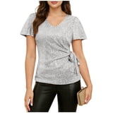 Ahdbta Womens Sequin Tops Ruffle Short Sleeve V-Neck Sparkly Shirts ...