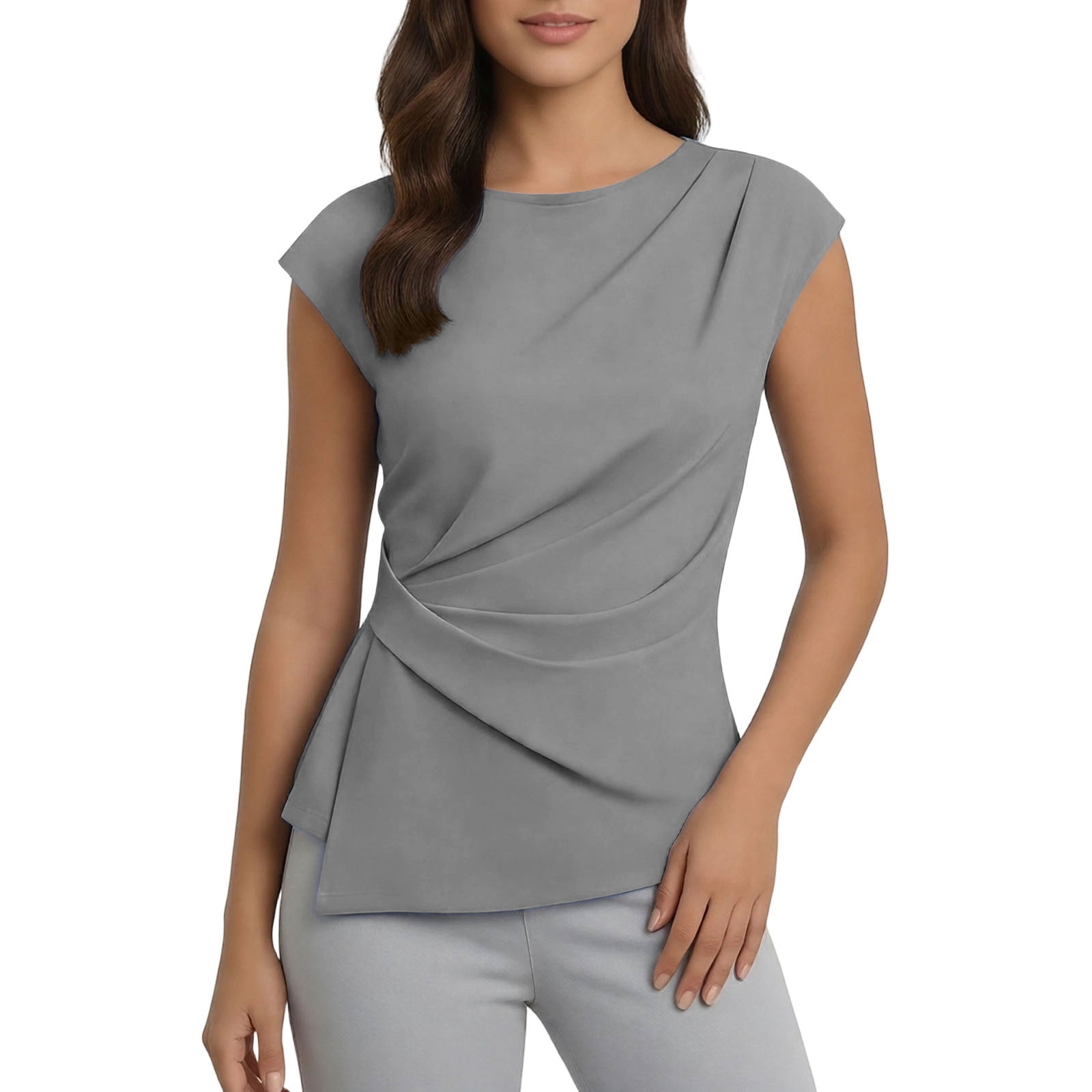 Ahdbta Womens Short Sleeve Tops Dressy Casual Crew Neck Ruched Wrap ...