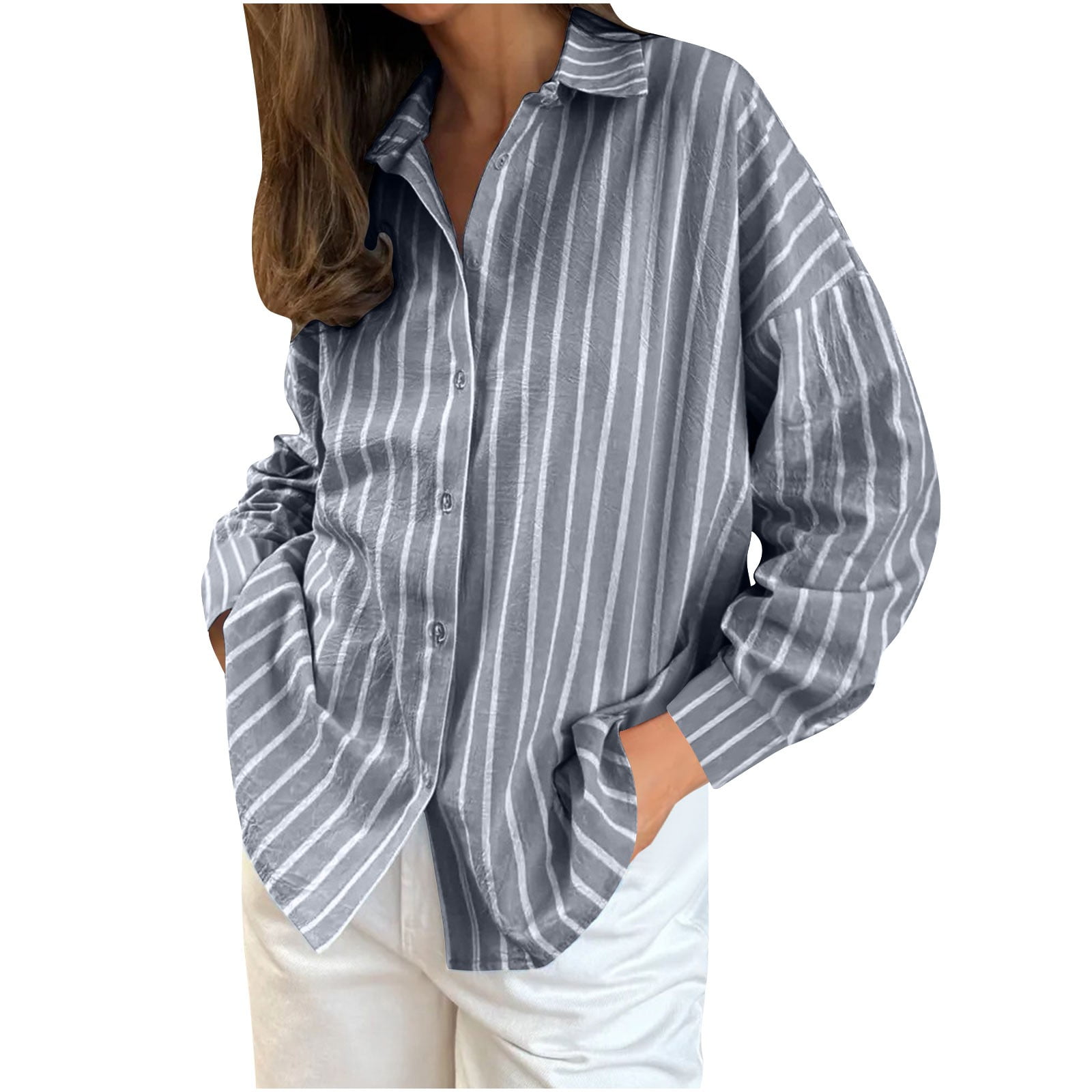 Ahdbta Womens Striped Button Down Shirts Casual Boyfriend Loose Blouses ...