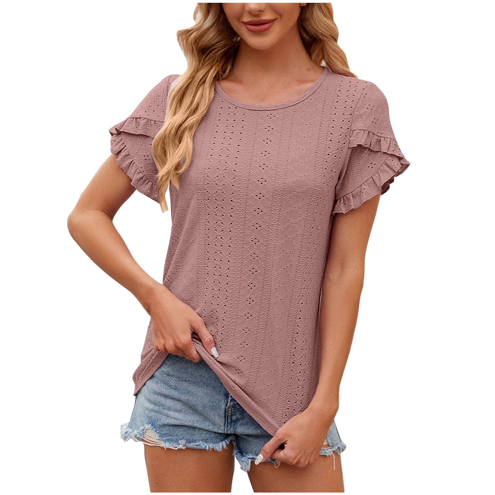 Ahdbta Womens Summer Tops Crewneck Eyelet Ruffle Sleeve Blouses Casual Babydoll Shirts 2024 ...