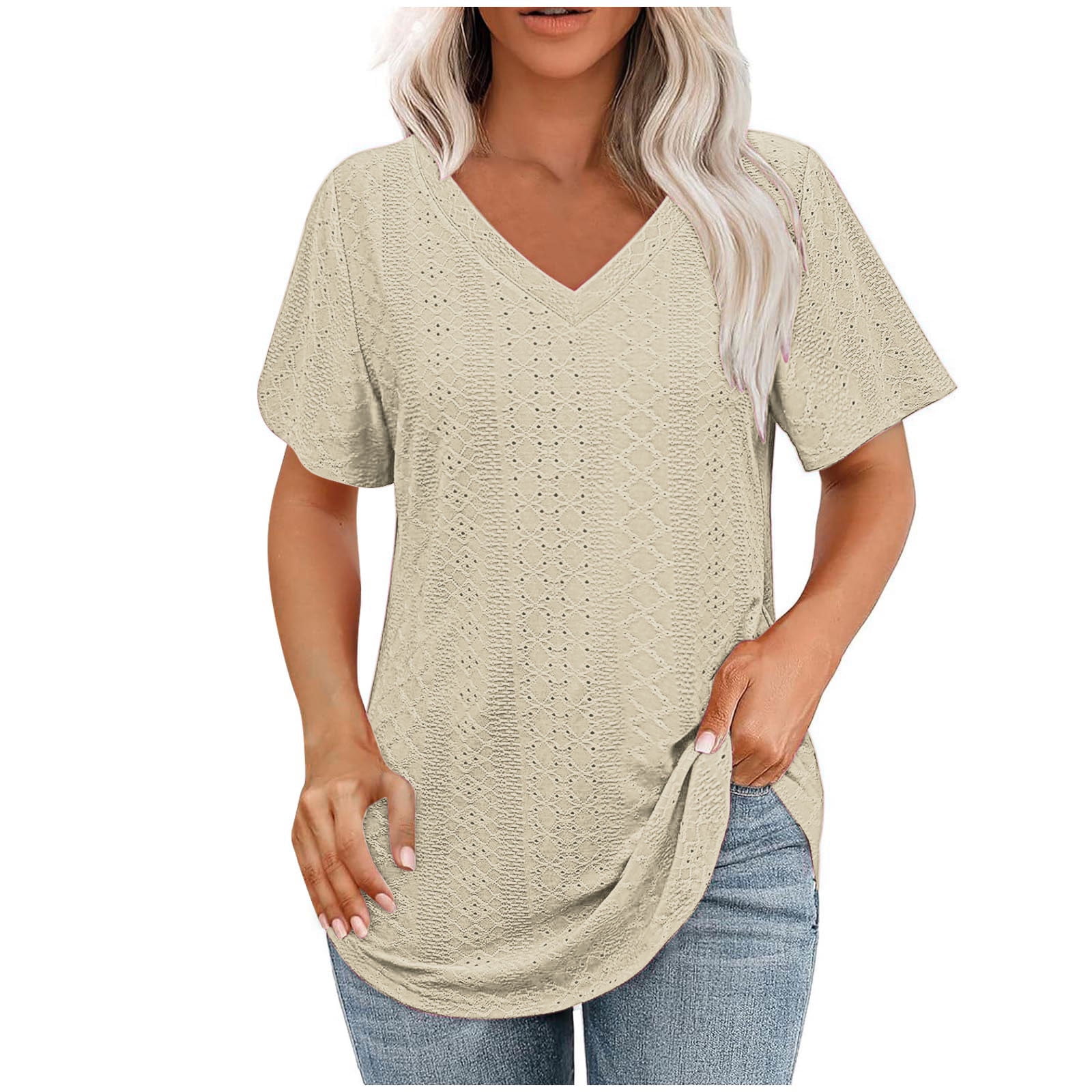 Ahdbta Womens T Shirts V Neck Short Sleeve Casual Tops Loose Fit Basic Tees Summer Tunic Blouse ...
