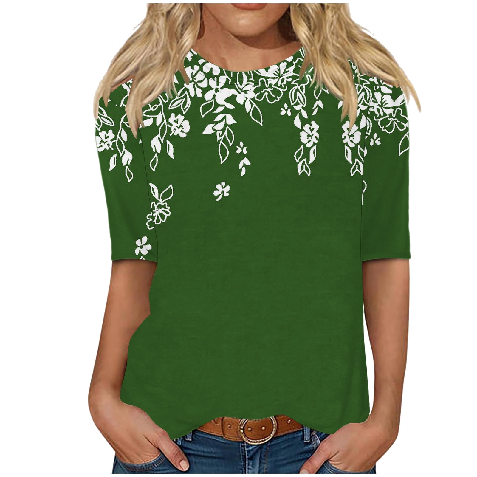 Ahdbta Womens Tops 34 Sleeve Summer Ethnic Floral Slim Cute Tops Crewneck Slim Fit Half Sleeve