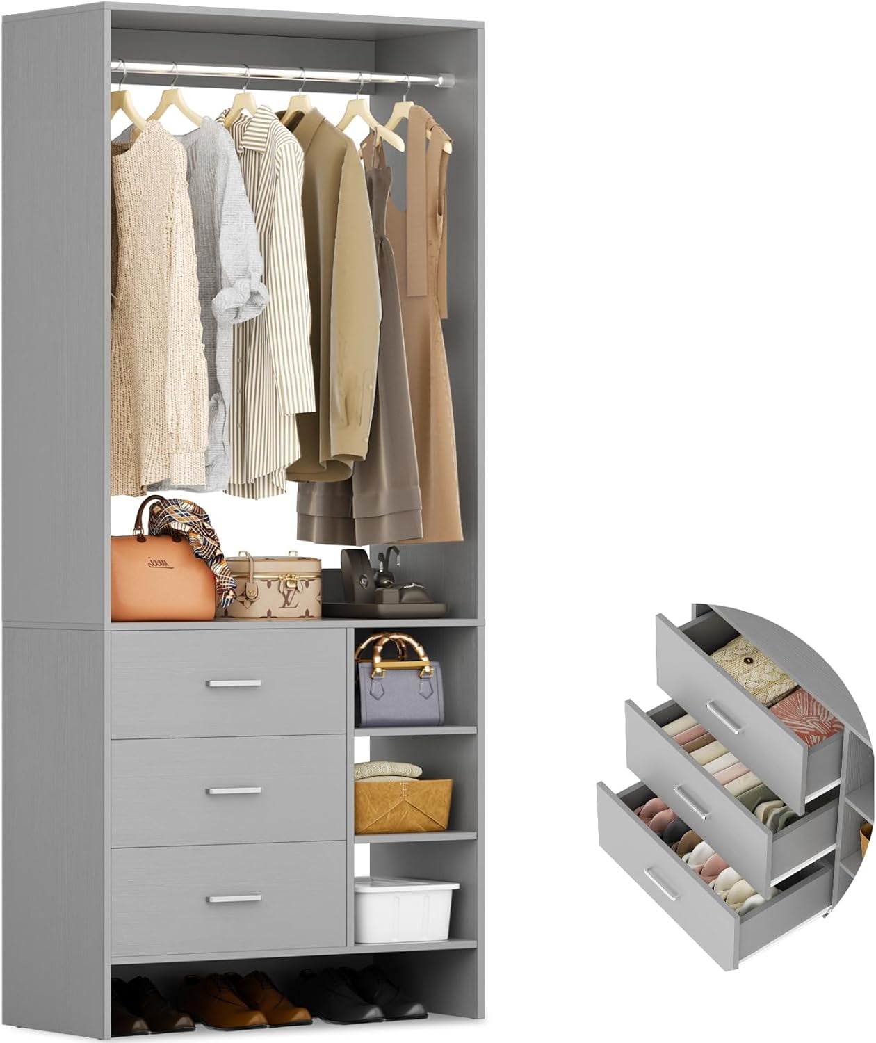 Aheaplus 2.5FT Closet System with 3 Drawers, 29.5’’ Closet Organizer ...