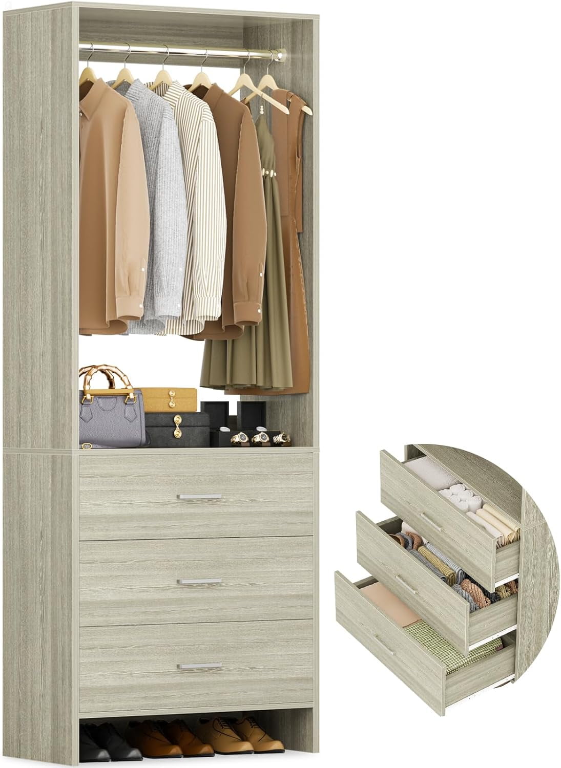 Aheaplus 2FT Closet System with 3 Drawers, 24’’ Closets Organizer, Wood ...
