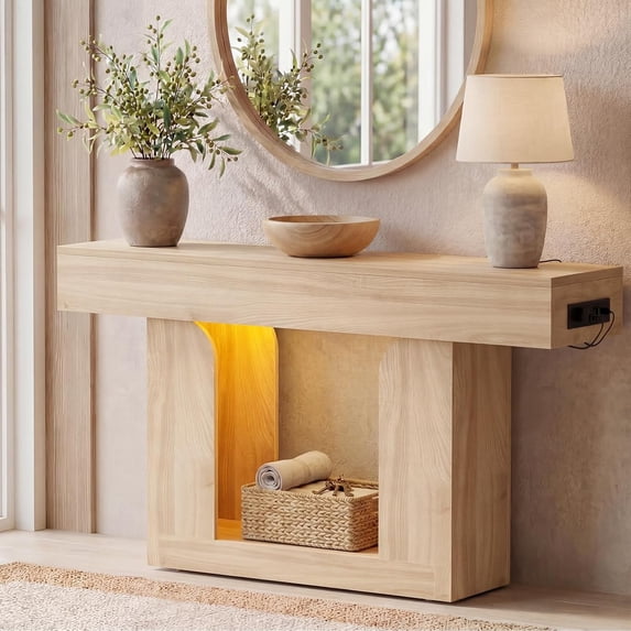 Aheaplus 47" Farmhouse Console Table with LED Lights & Charging Station ...