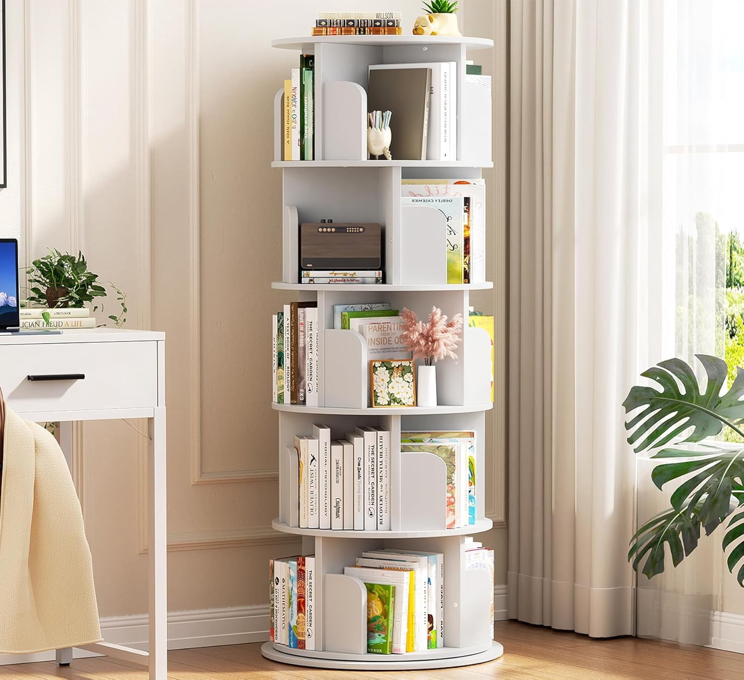 Aheaplus 5 Tier Rotating Bookshelf, Wood Spinning Bookshelf Tower ...