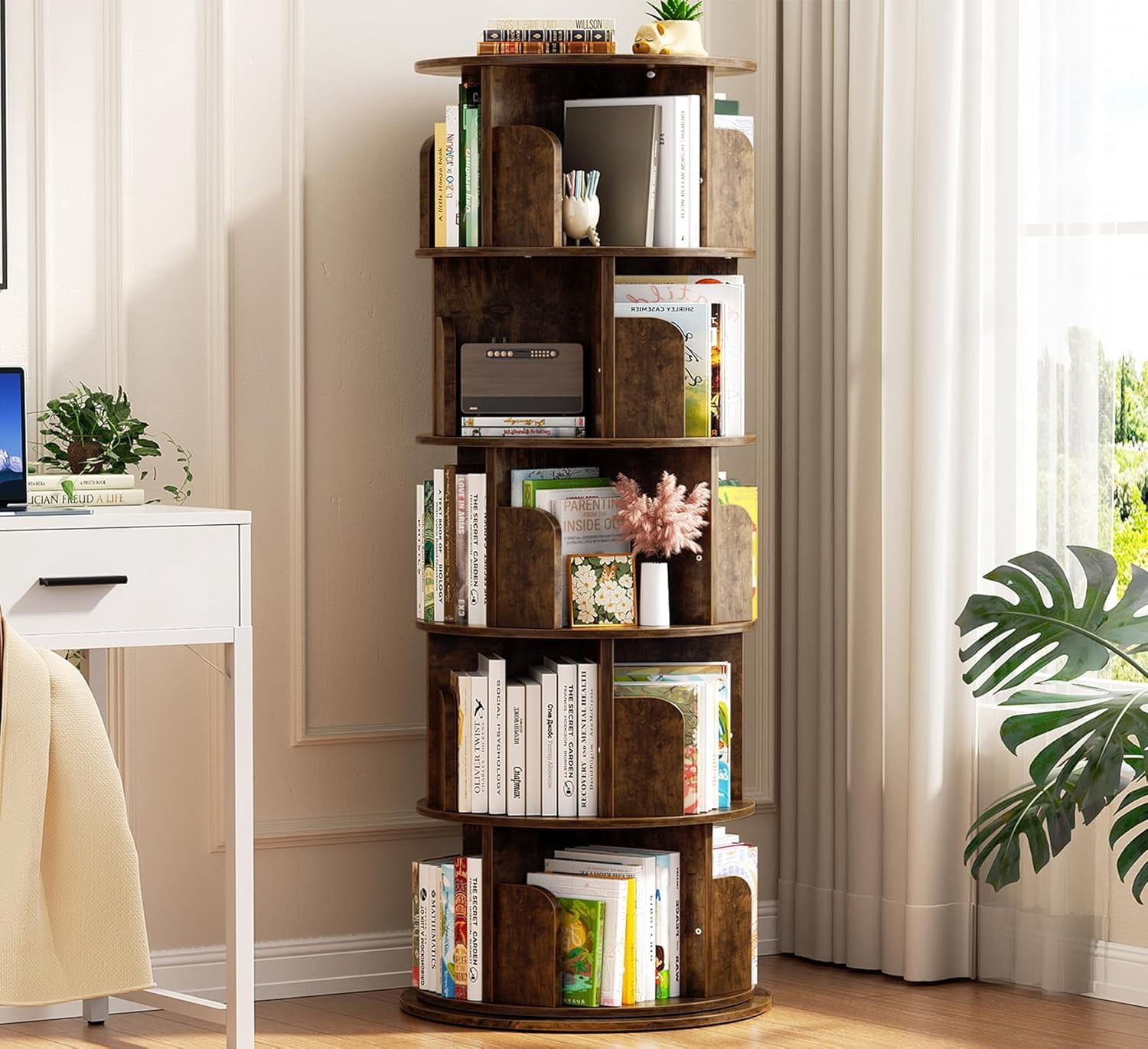 Aheaplus 5 Tier Rotating Bookshelf, Wood Spinning Bookshelf Tower ...