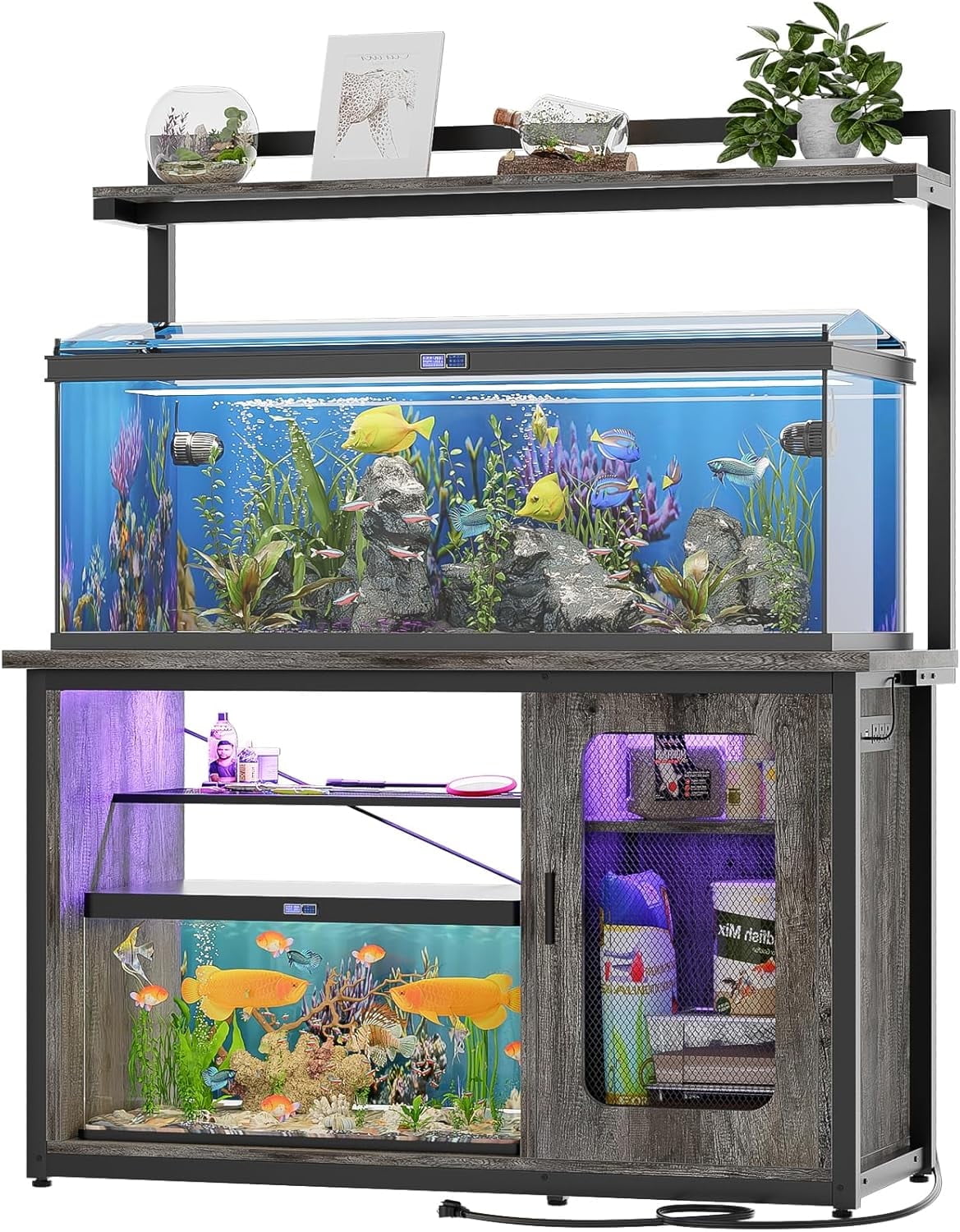 Aheaplus 55-75 Gallon Fish Tank Stand with Power Outlets & LED Light ...