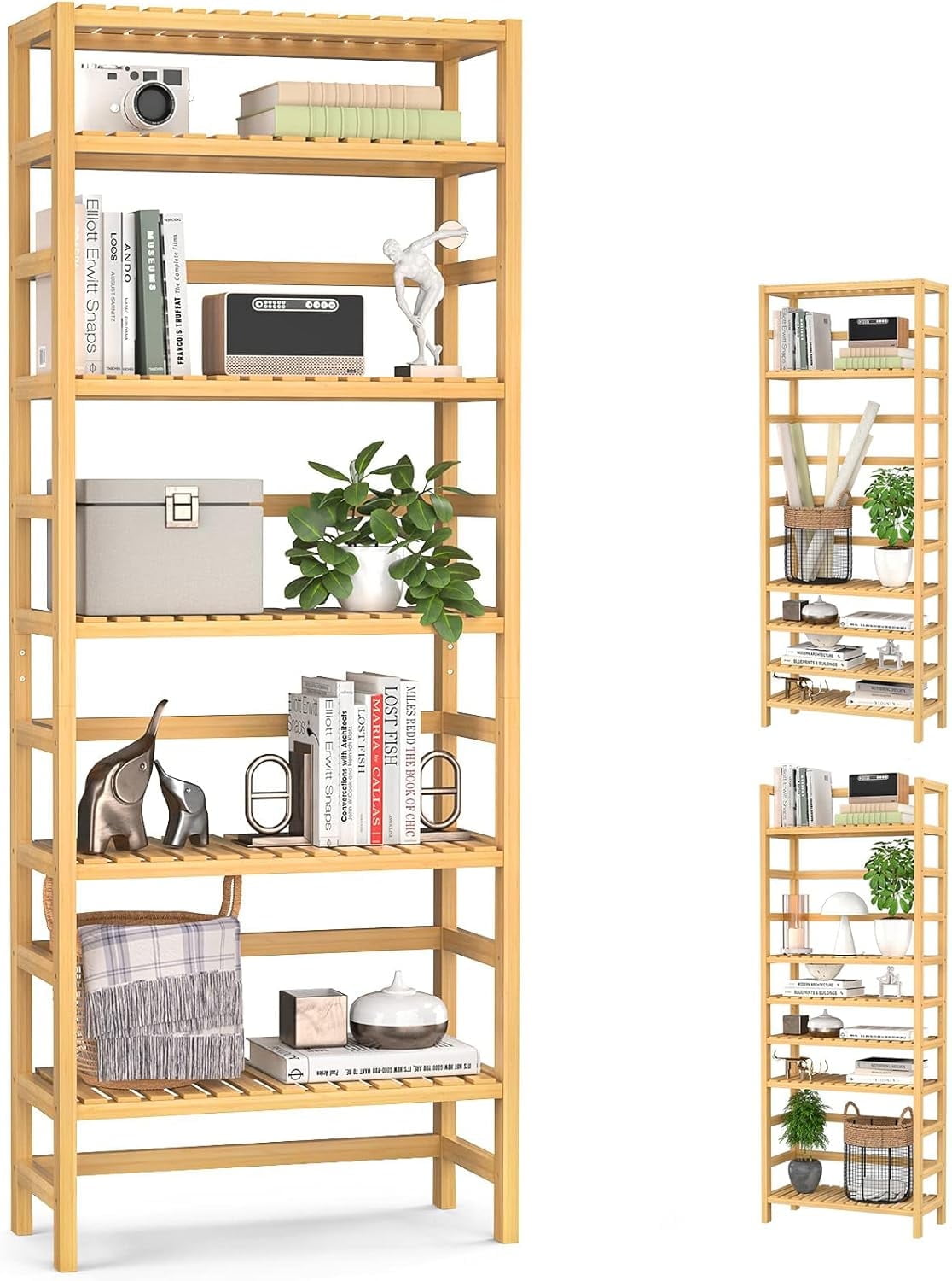 Aheaplus 6-Tier Bamboo Bookshelves, 63.4” Adjustable Shelving Shallow ...