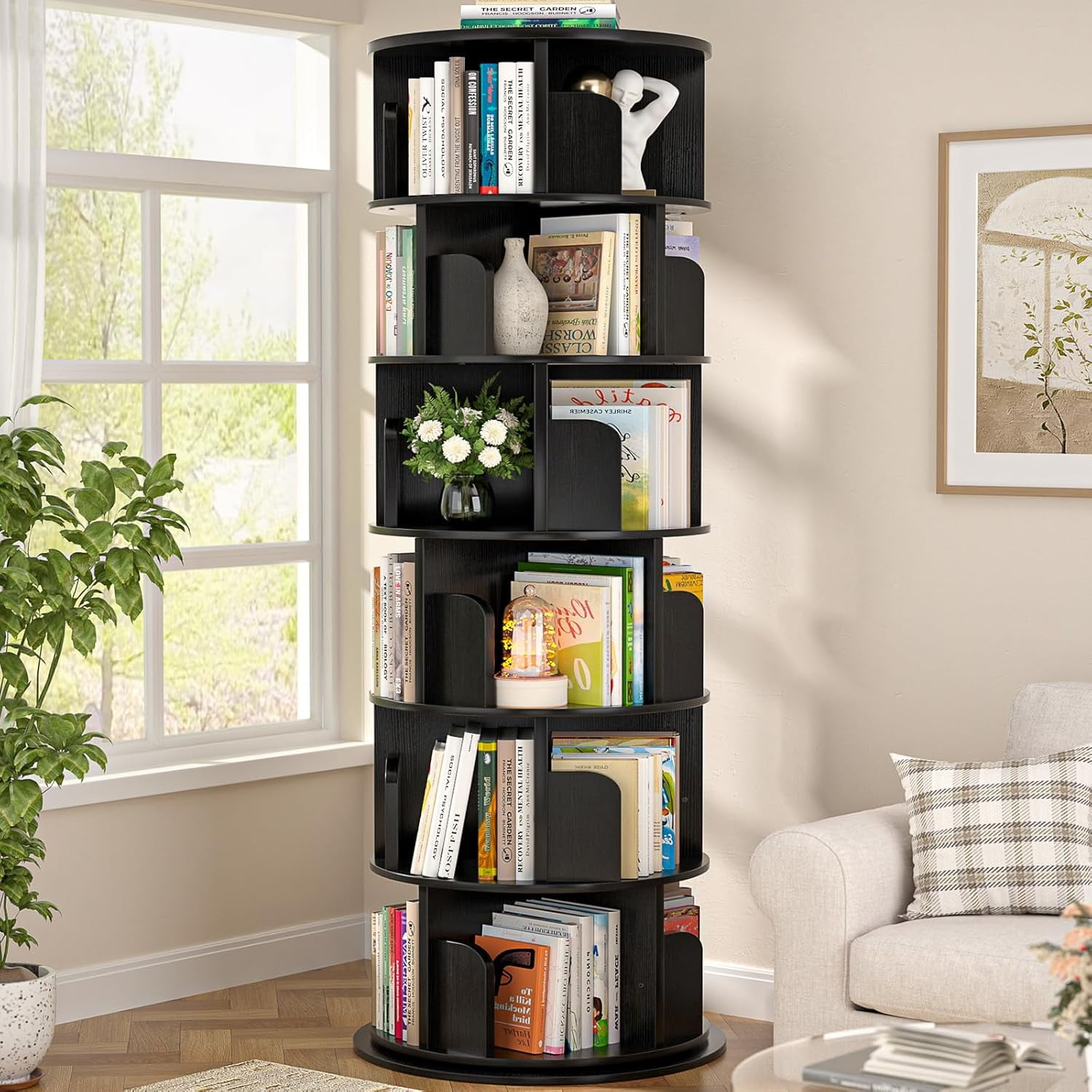 Aheaplus 6 Tier Rotating Bookshelf, Wood Spinning Bookshelf Tower ...