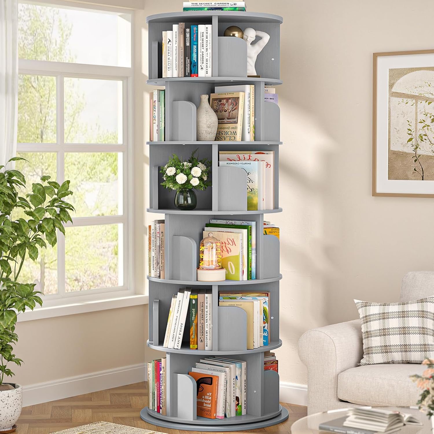 Aheaplus 6 Tier Rotating Bookshelf, Wood Spinning Bookshelf Tower ...