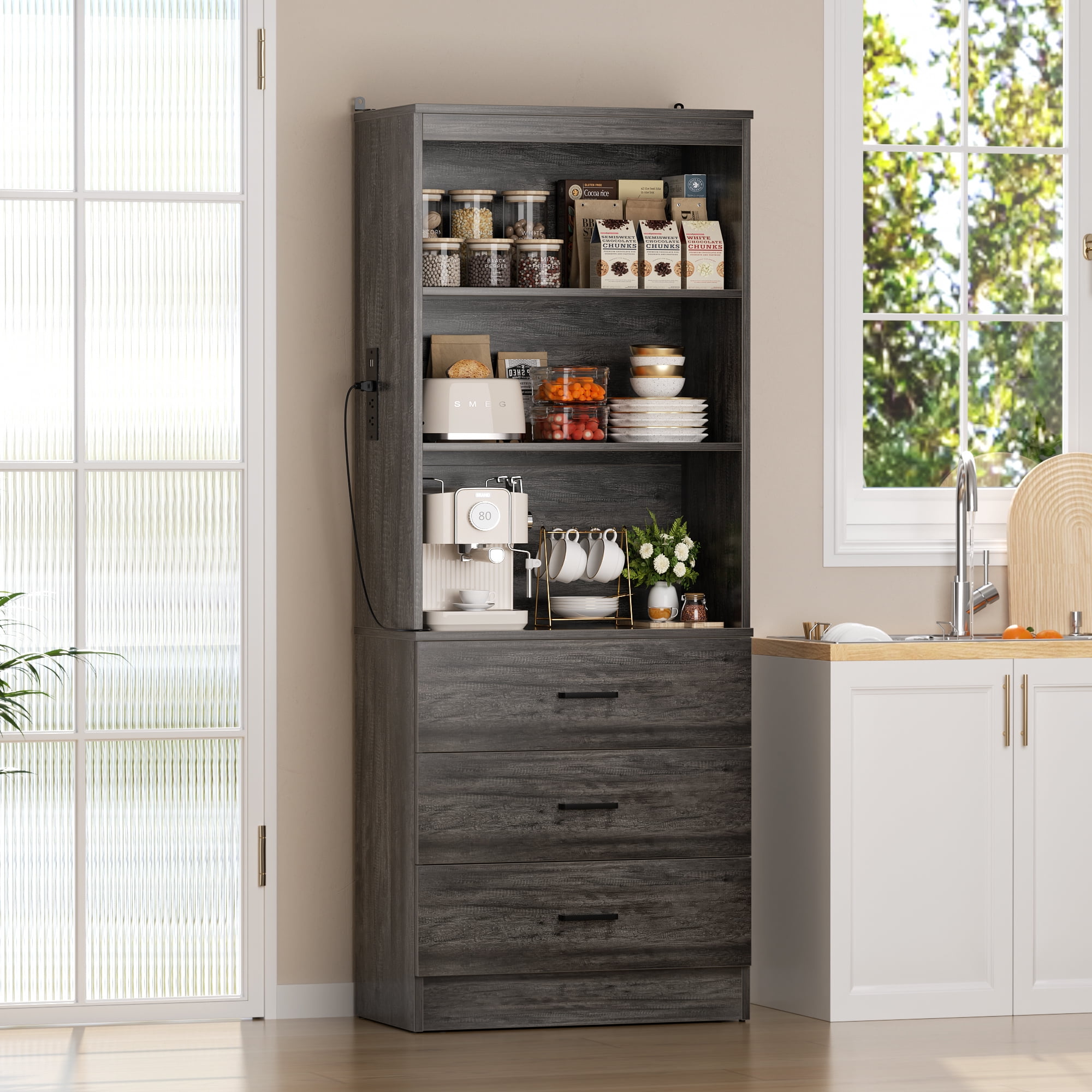 Aheaplus 71"H Pantry Cabinet Hutch with 3 Outlets& 2 USB ports,3 Drawer ...