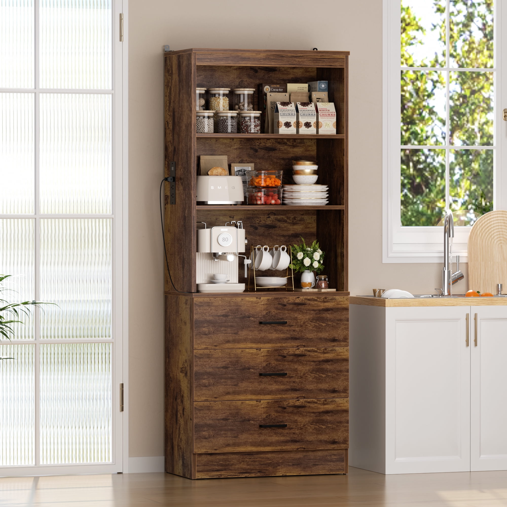Aheaplus 71"H Pantry Cabinet Hutch with 3 Outlets& 2 USB ports,3 Drawer ...