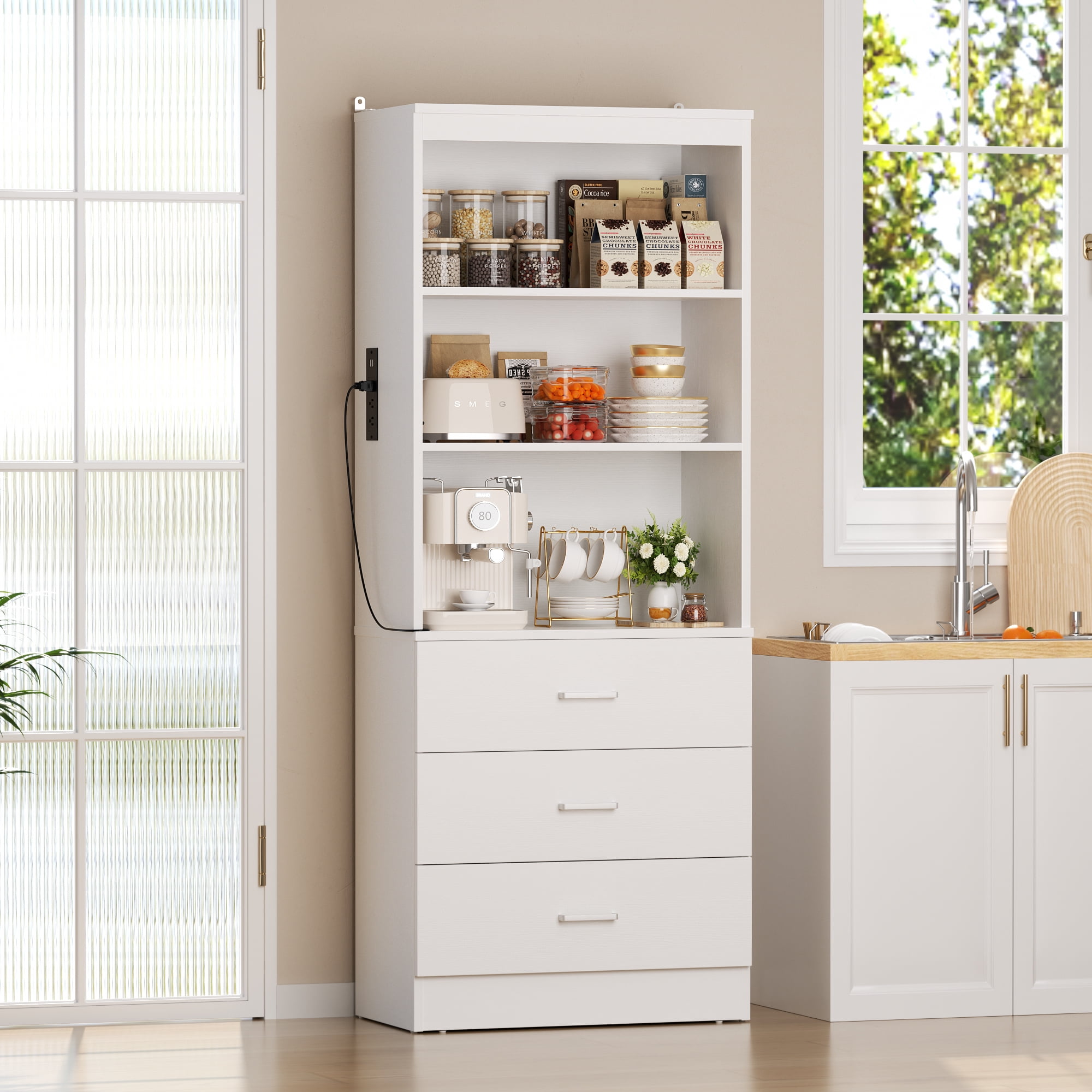 Aheaplus 71"H Pantry Cabinet Hutch with 3 Outlets& 2 USB ports ,3 ...