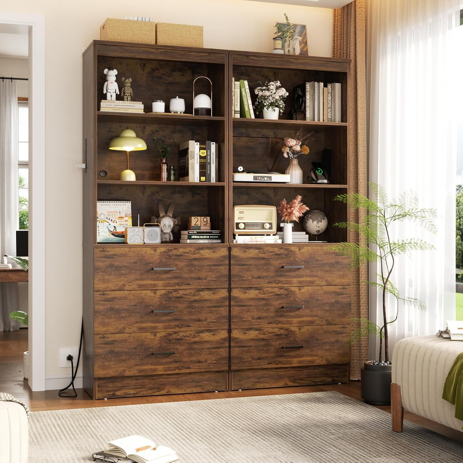 Aheaplus 71 Inches Bookshelf with USB Ports and Outlets, Wooden ...