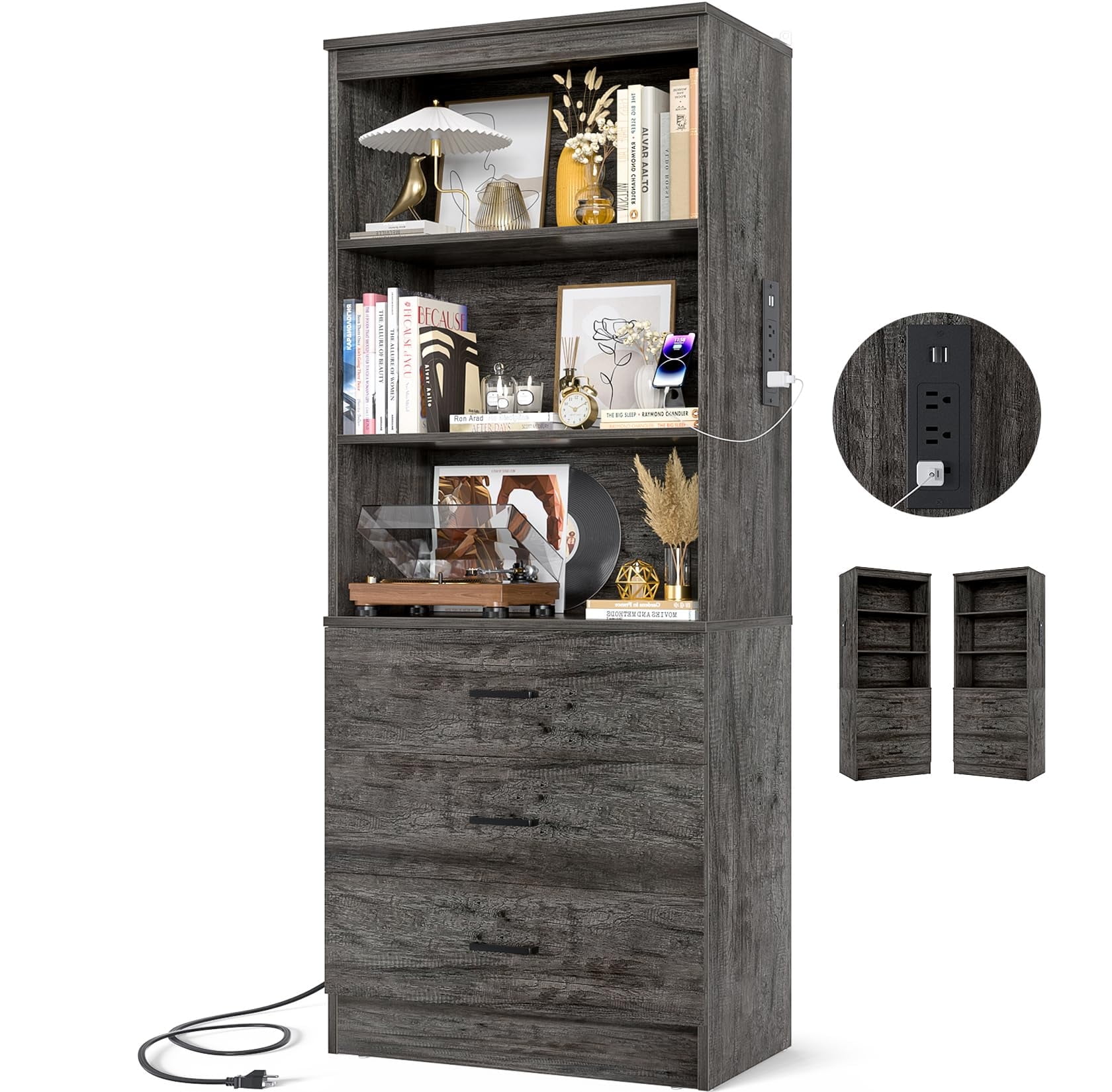 Aheaplus 71 inches Bookshelf with USB Ports and Outlets, Wooden ...