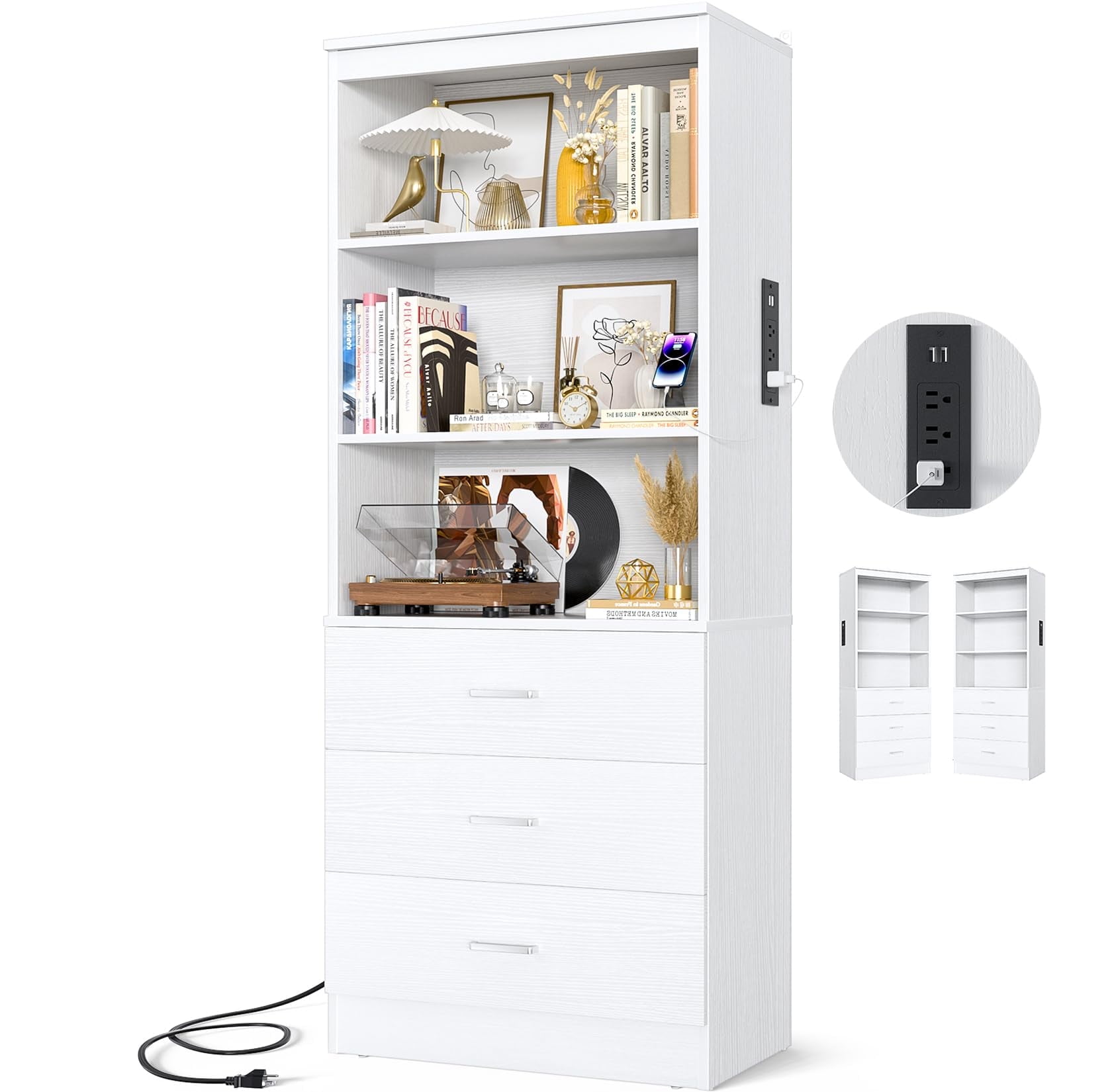Aheaplus 71 inches Bookshelf with USB Ports and Outlets, Wooden ...