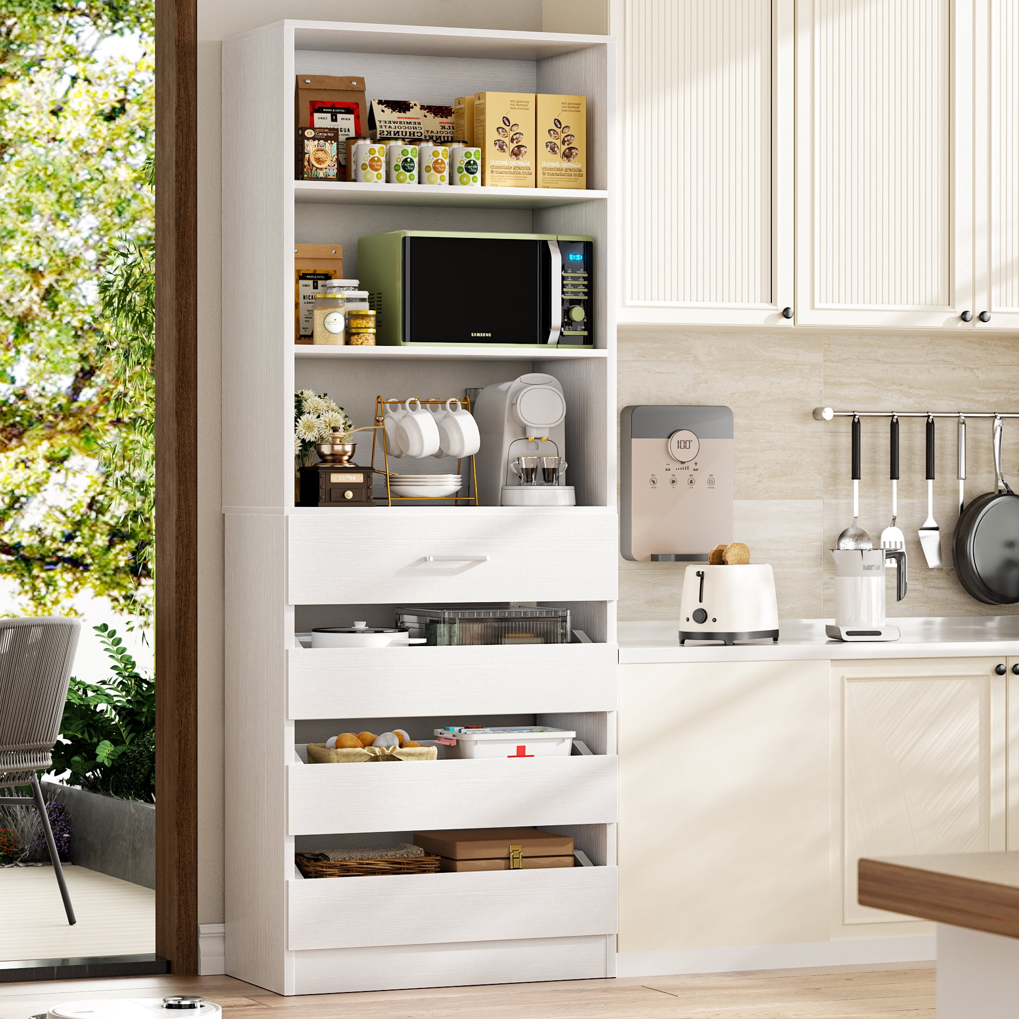 Aheaplus 80"H Pantry Cabinet Hutch with 4 wooden drawers,Buffet Storage ...