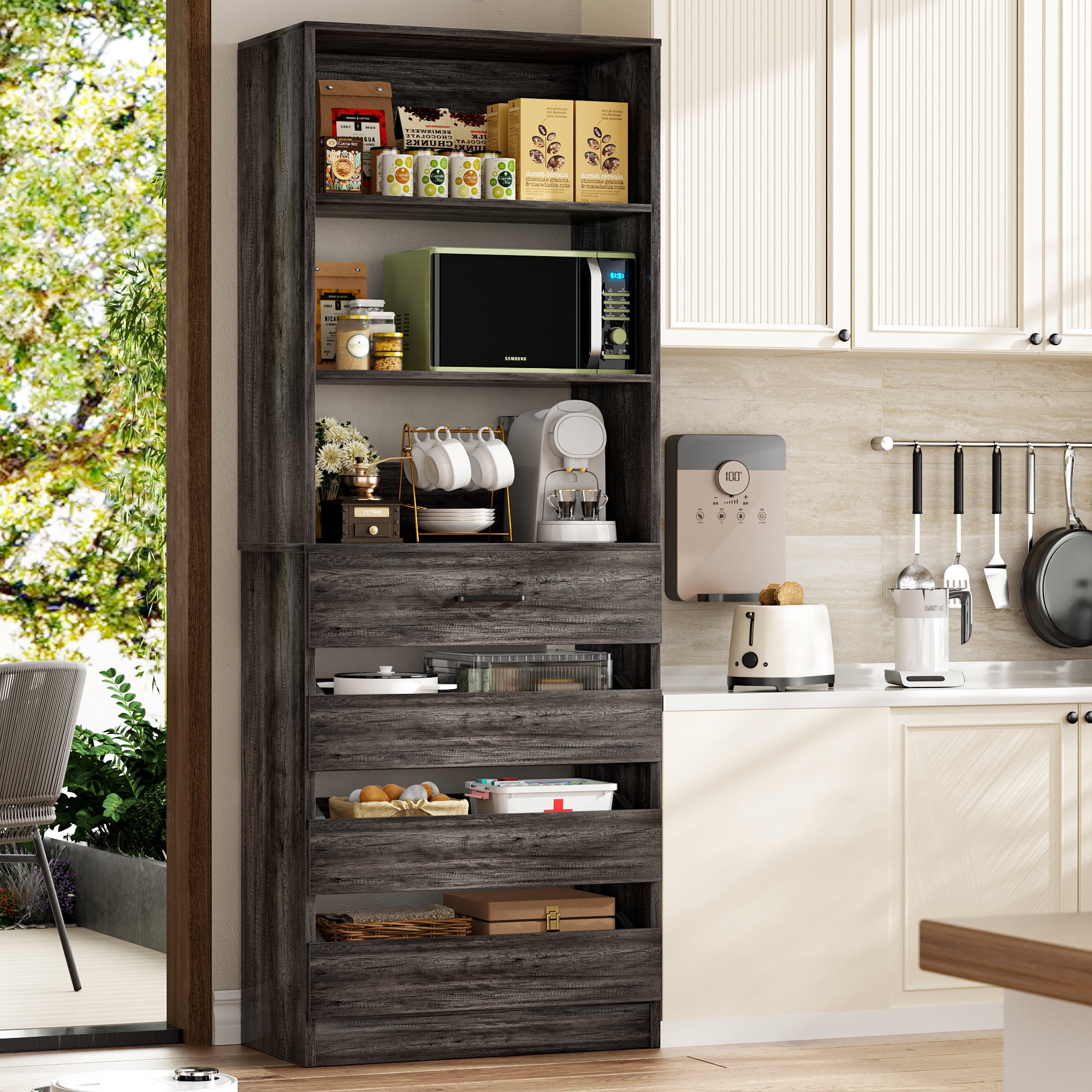 Aheaplus 80"H Pantry Cabinet Hutch with 4 wooden drawers,Buffet Storage ...