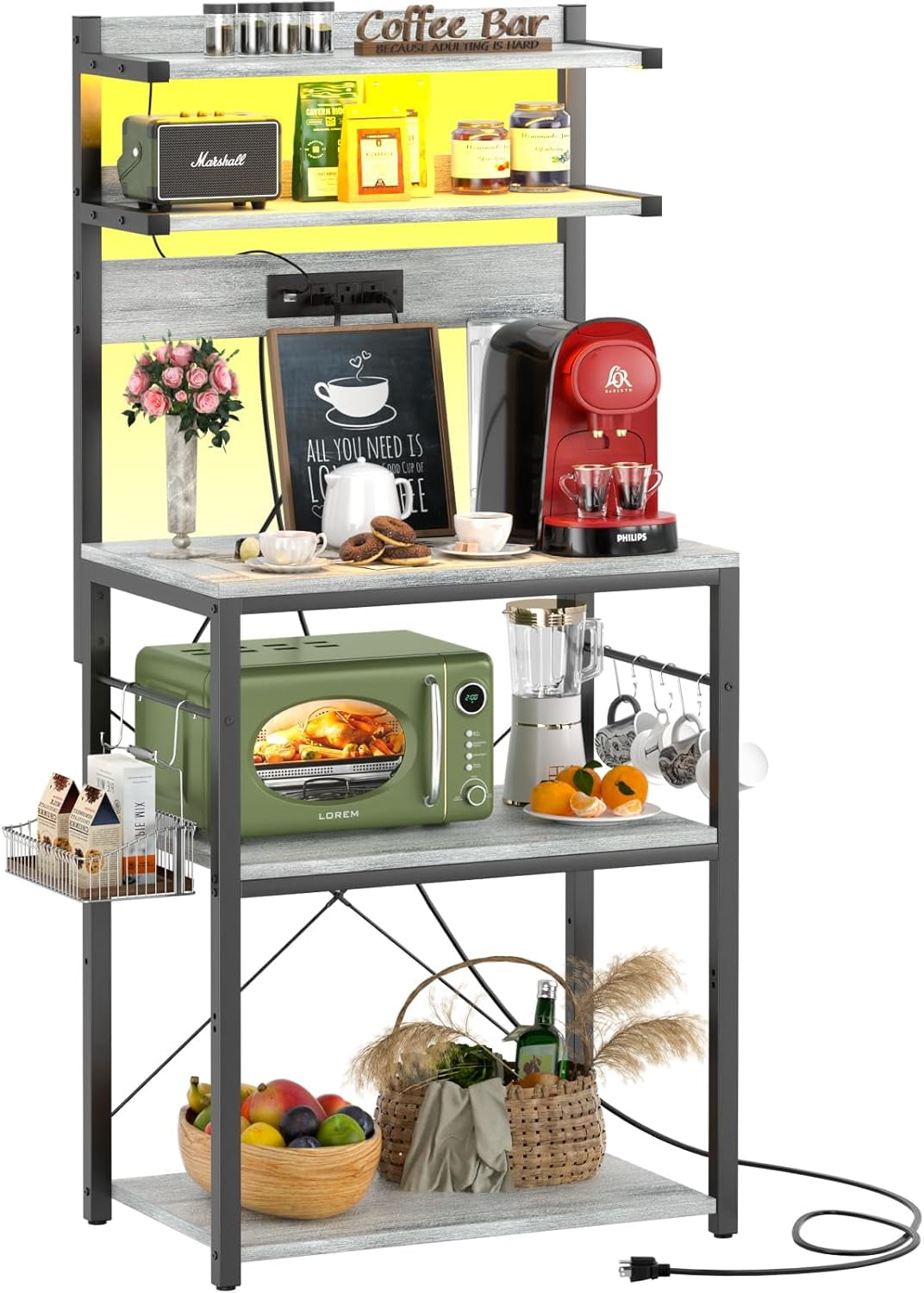 Aheaplus Bakers Rack with Power Outlet, Microwave Stand, 5 Tiers Coffee ...