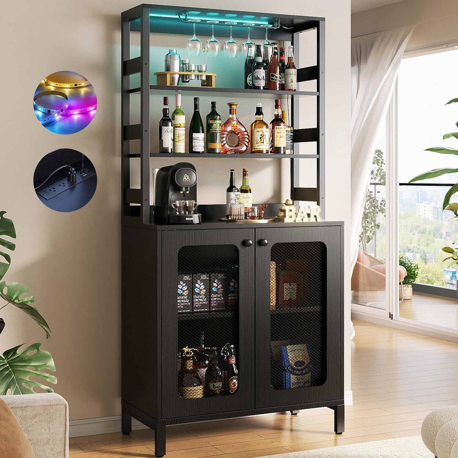 Aheaplus Bar Cabinet with Power Outlets, 67" Tall Wine Bar Cabinet ...