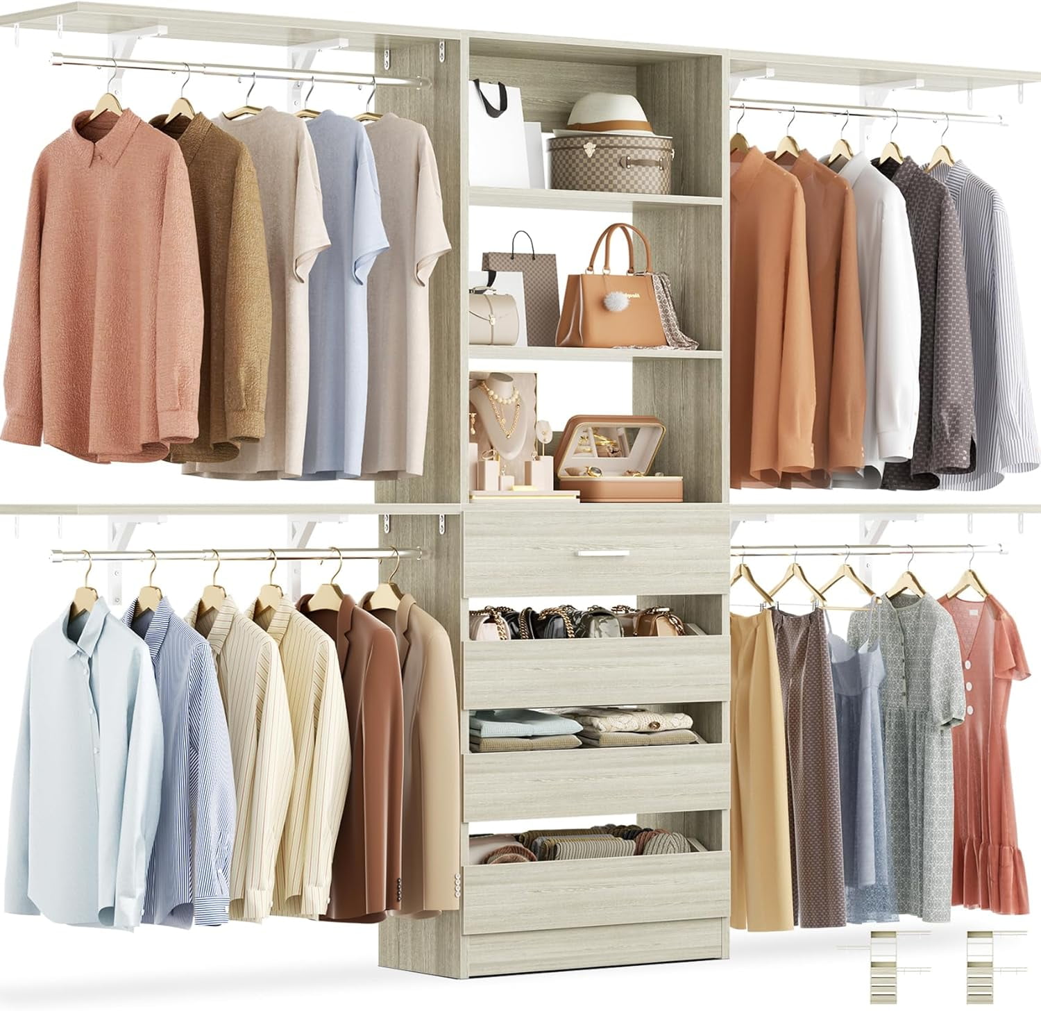 Aheaplus Closet System with 4 Drawers, 8FT Wood Closet Organizer System ...