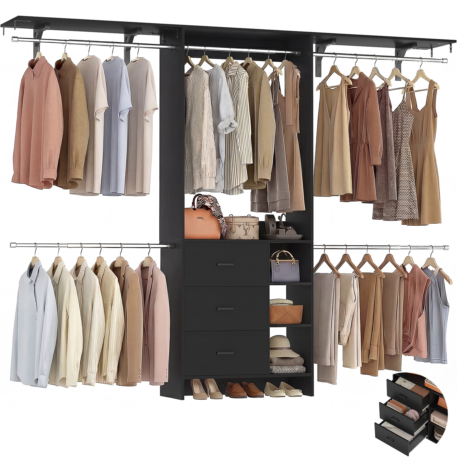 Aheaplus Closet System, Closet Organizer with 3 Wooden Drawers, 8FT ...