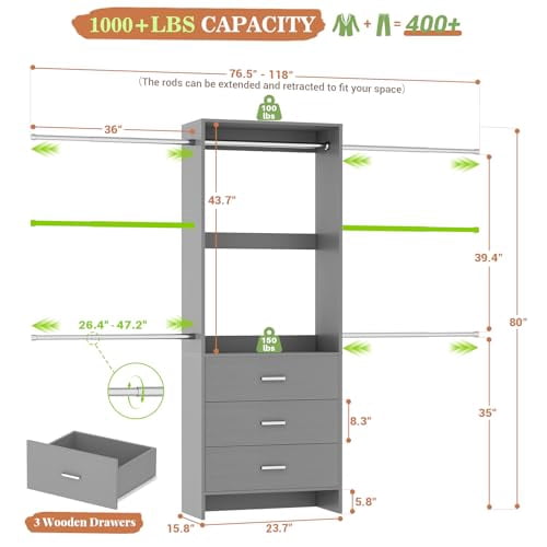 Aheaplus Closet System, Closet Organizer with 3 Wooden Drawers, Closet ...