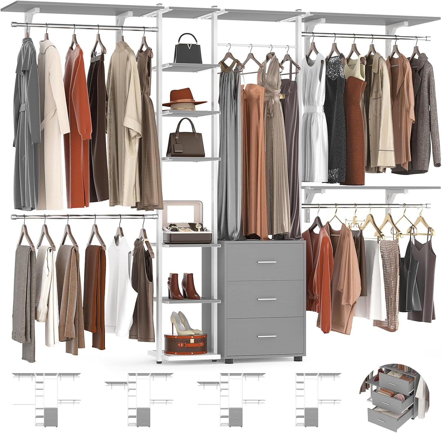 Aheaplus Closet System with Drawers, Closet Organizer System Storage ...