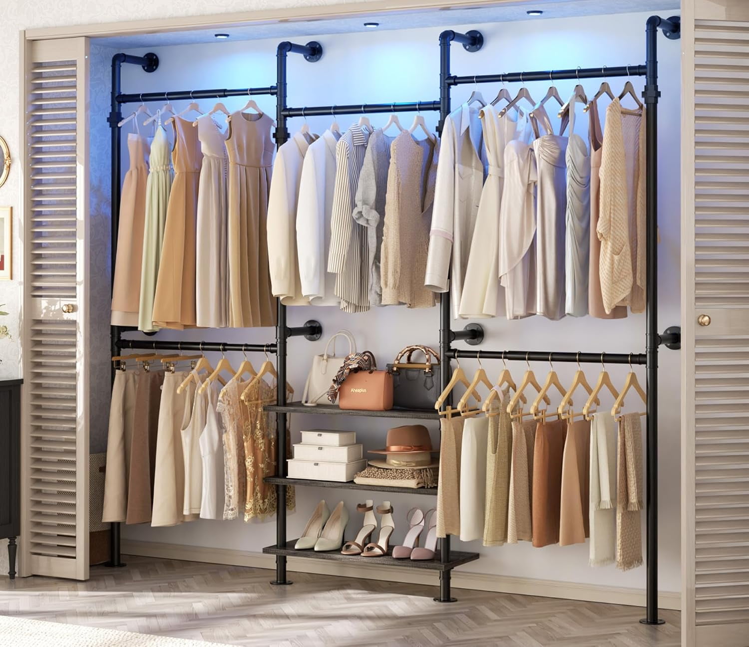 Aheaplus Expandable Industrial Pipe Clothing Rack, 7.3-10.9Ft Wall ...