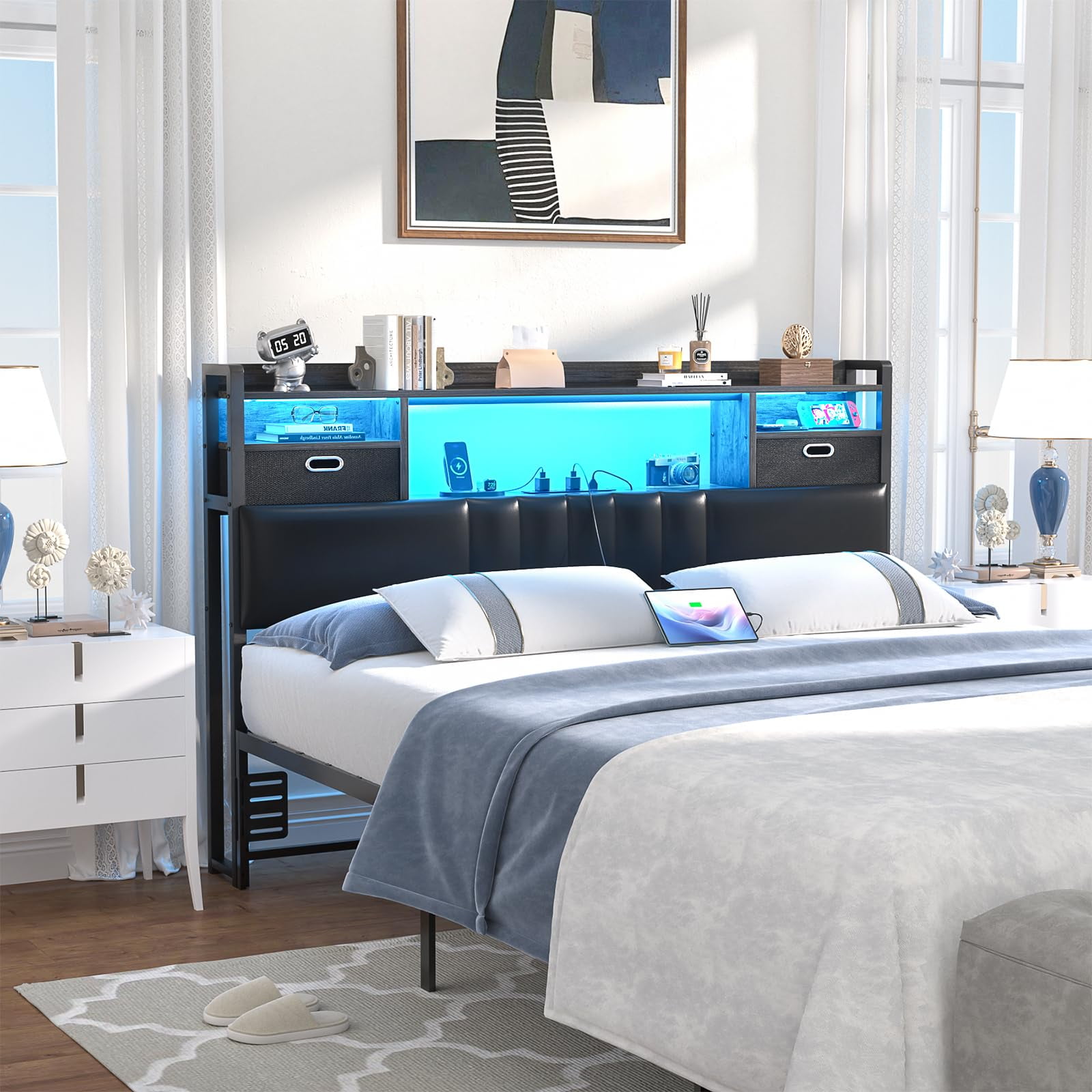 Aheaplus Full Headboard with Drawer Storage and RGB LED Light, Full ...