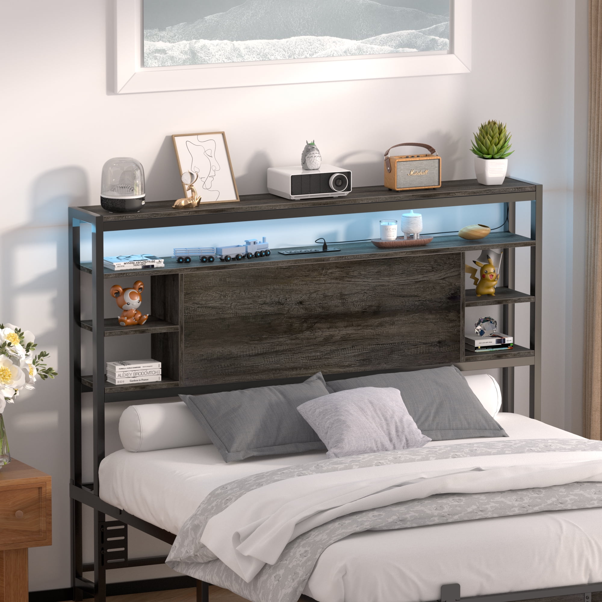 Aheaplus Full Size Headboard with Storage, Outlets & RGB LED Light ...