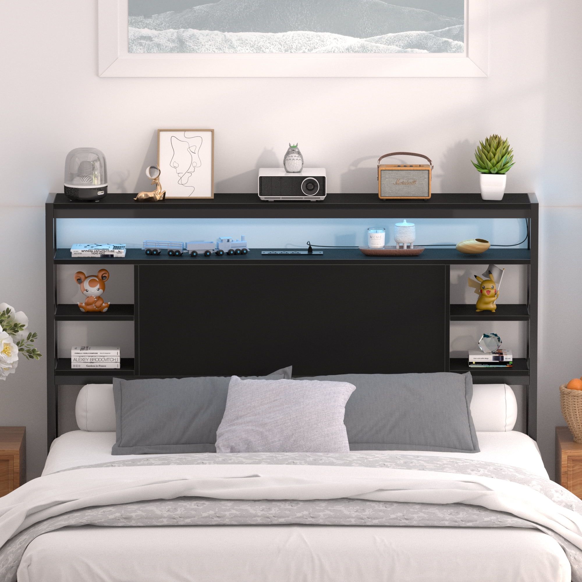 Aheaplus Full Size Headboard with Storage, Outlets & RGB LED Light ...