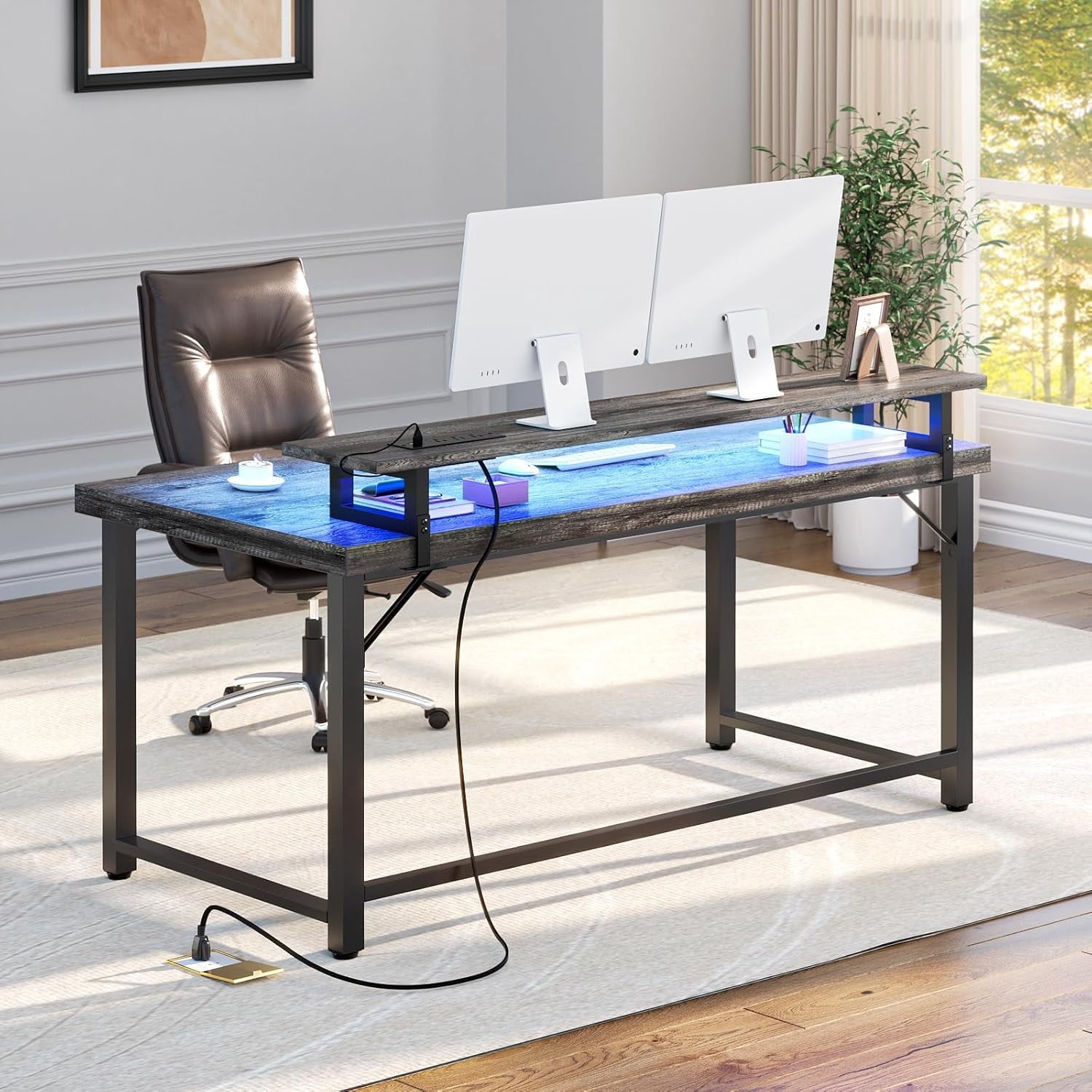 Aheaplus Industrial 55 Inch Computer Desk with Socket and LED Light ...