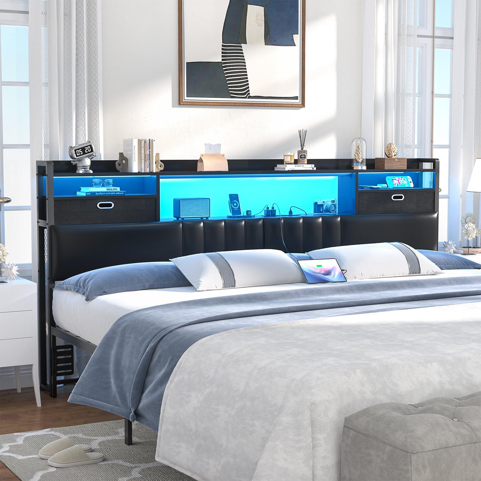 Aheaplus King Headboard with Drawer Storage and RGB LED Light, King ...