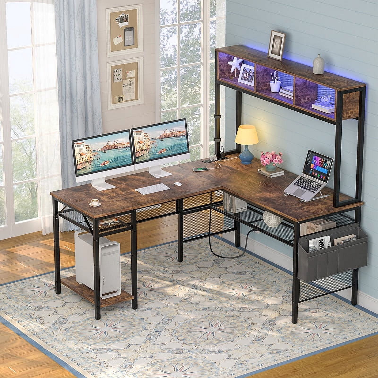 Aheaplus L Shaped Computer Desk with Shelves and Bag, Reversible Gaming ...