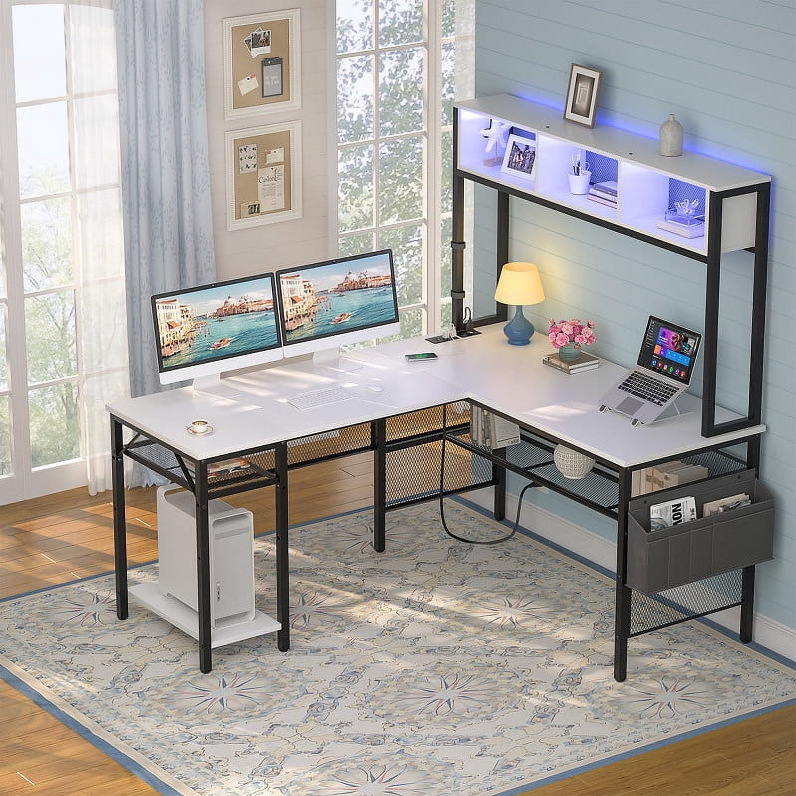 Aheaplus L Shaped Computer Desk with Shelves and Bag, Reversible Gaming ...