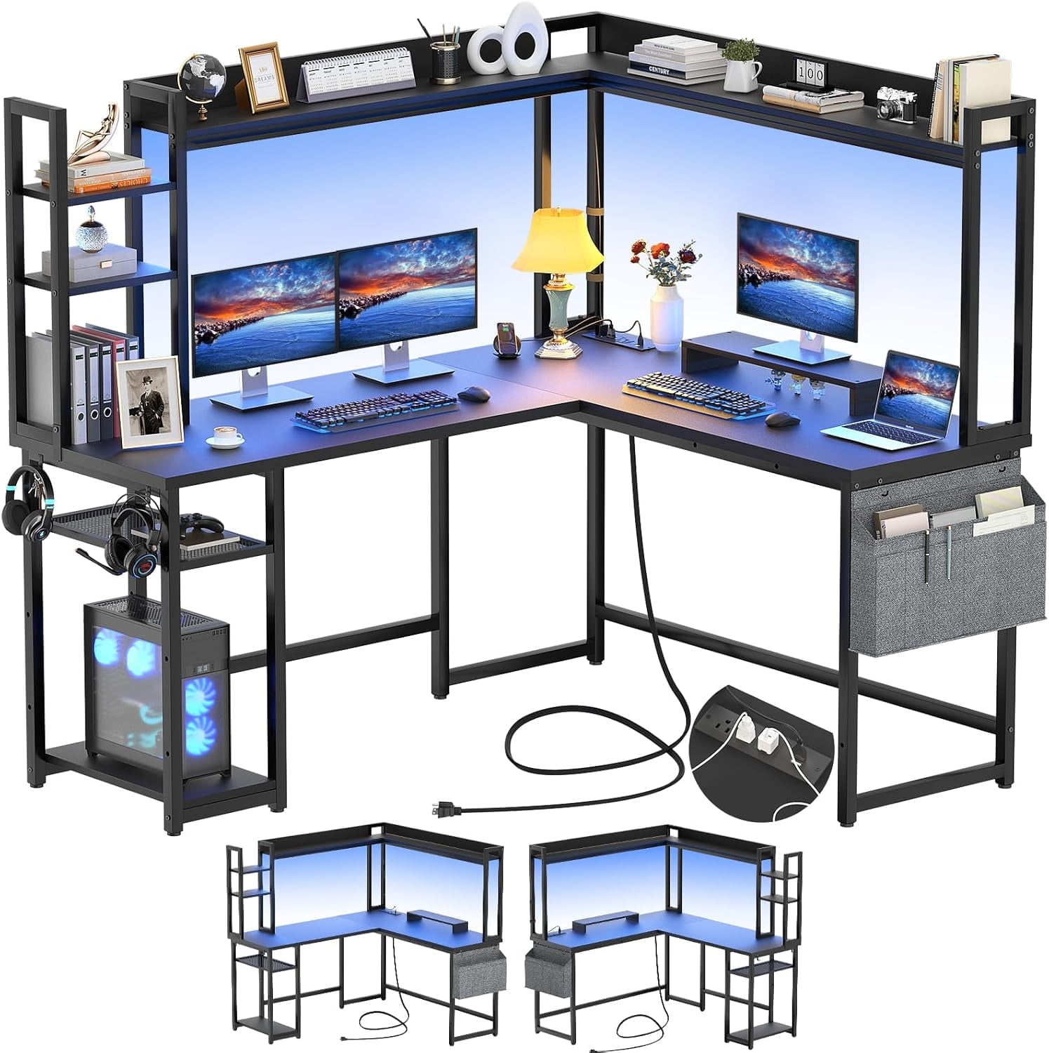 Aheaplus L Shaped Desk with Power Outlet, L Shaped Gaming Desk with Led ...