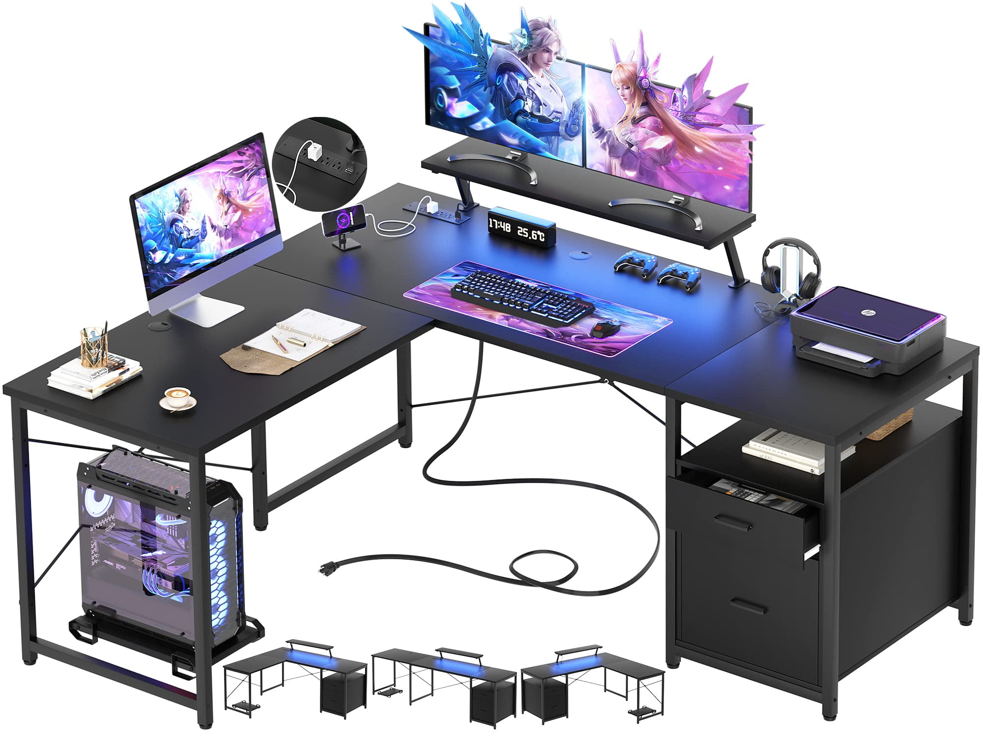 Aheaplus L-Shaped Desk with Power Outlet and LED Strip, Reversible File ...