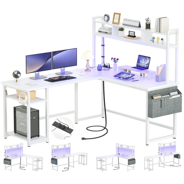 Aheaplus L Shaped Desk with Power Outlet & LED Strip, Reversible Corner ...